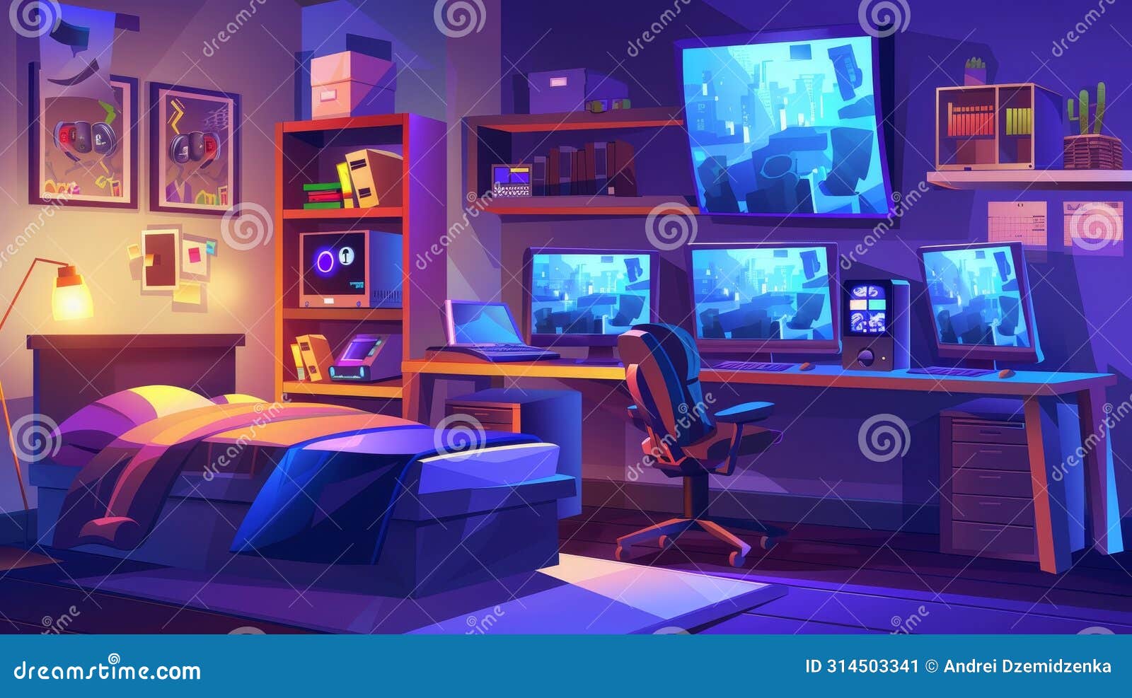 Gamer, Programmer, Hacker or Trader Bedroom Interior with Several ...