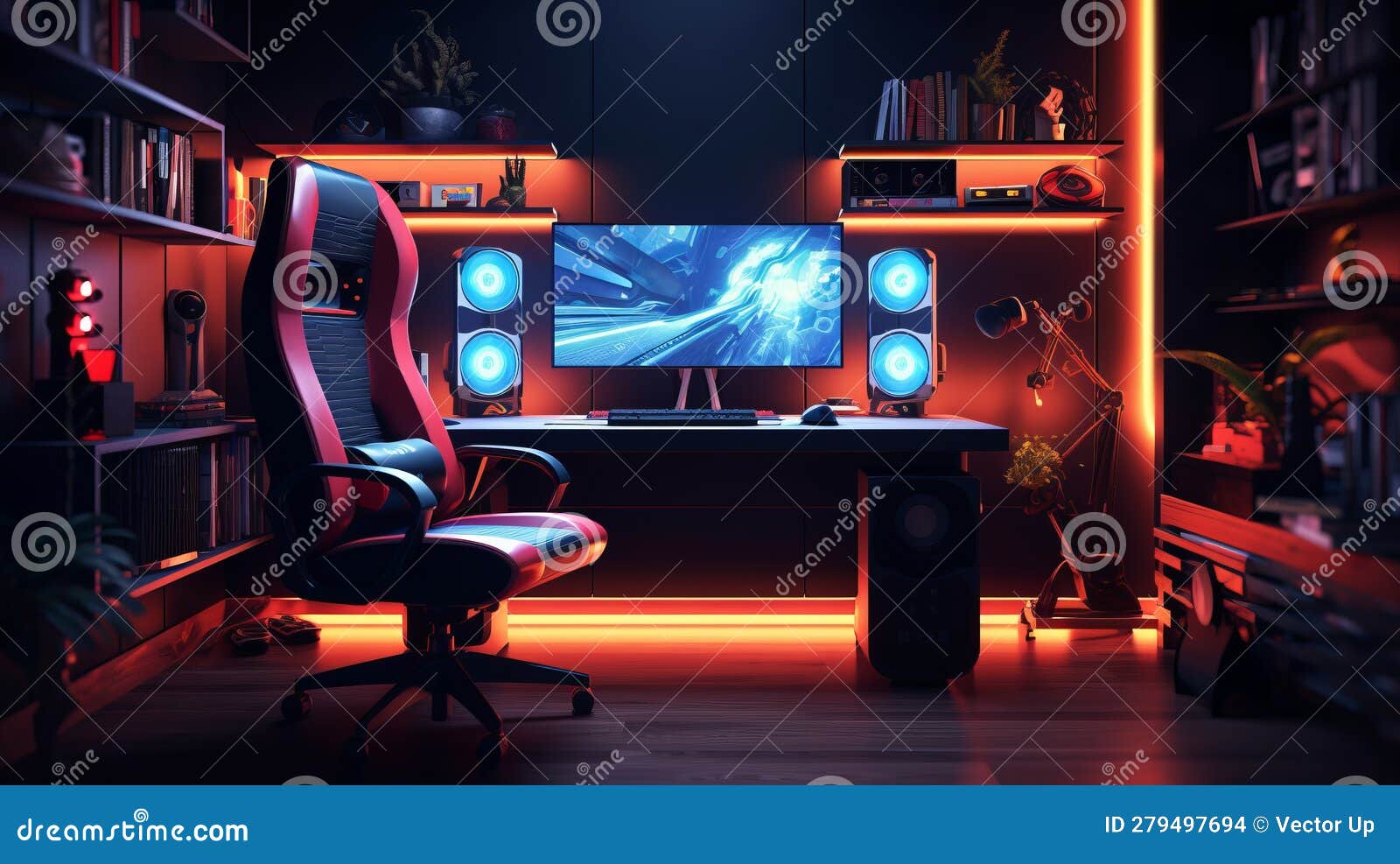 Gamer Setup Computer and Gamer Chair. Generative AI Stock Illustration ...