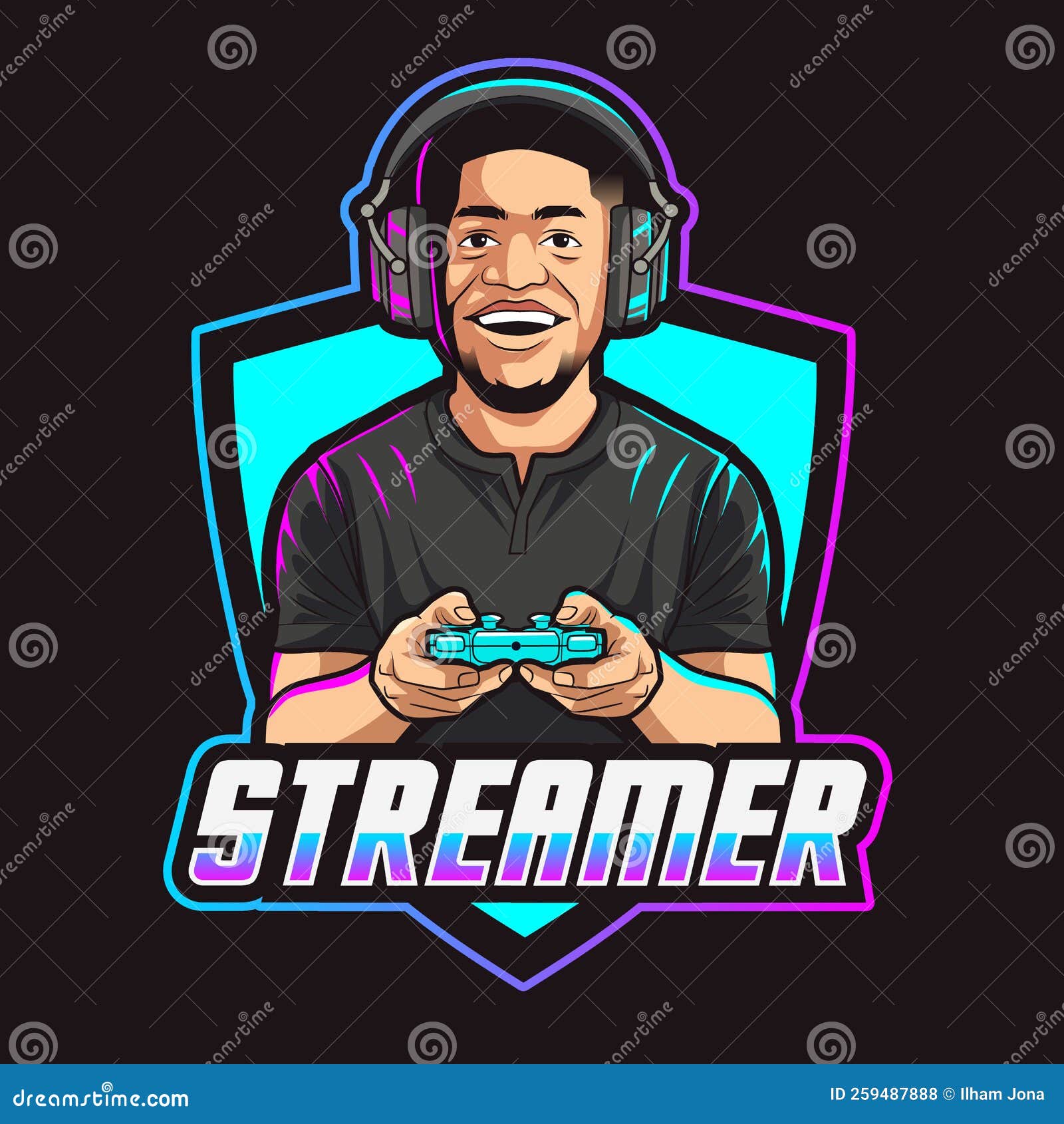 Gamer, Streamer Or Vlogger Wearing Headset Using Three Computer Screens ...
