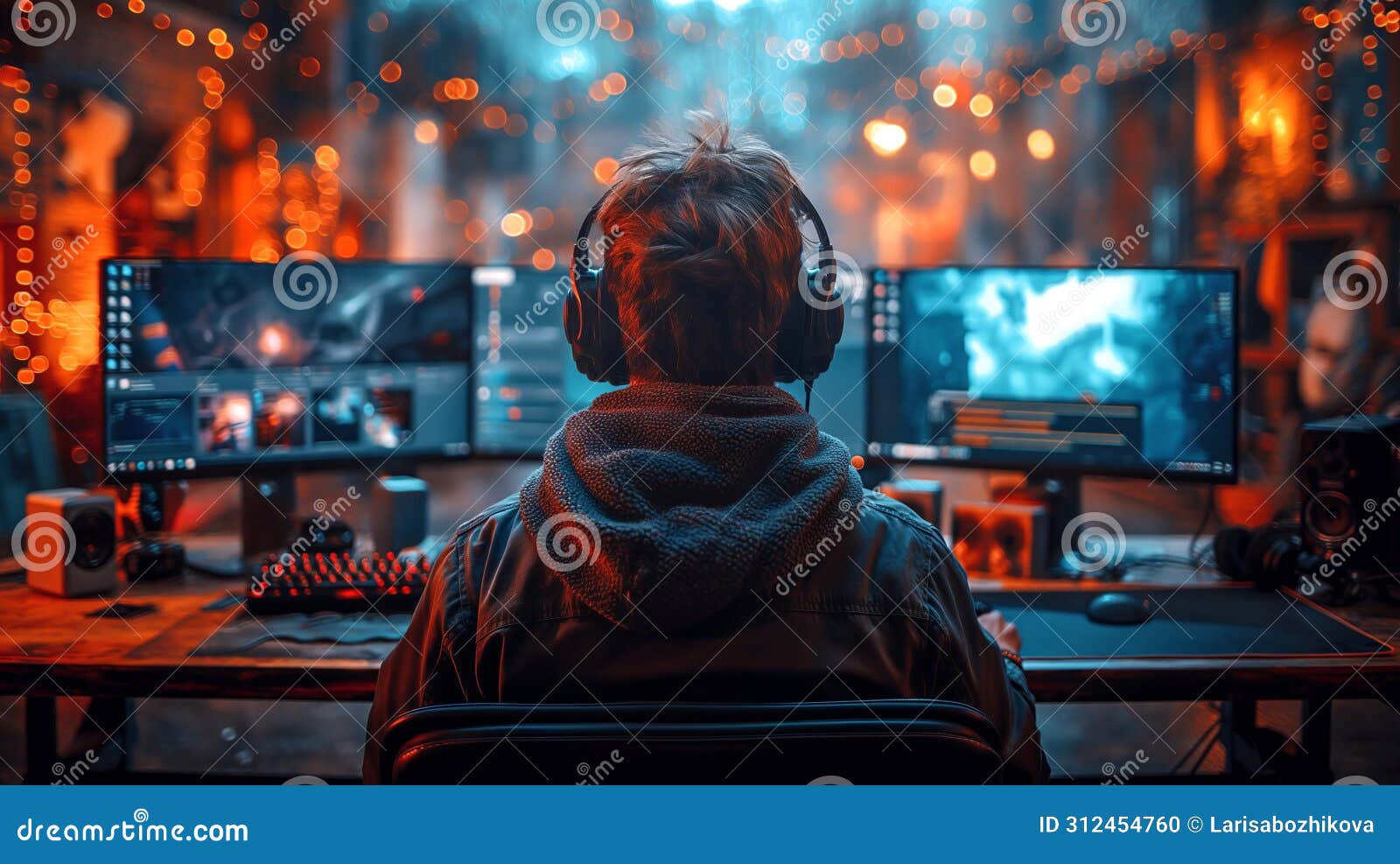 Gamer, Streamer Or Vlogger Wearing Headset Using Three Computer Screens ...