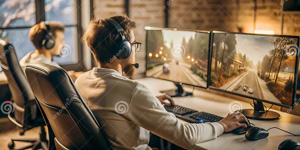 Gamer with Triple Monitor Setup and Headphones Stock Illustration ... Gamer with Triple Monitor Setup and Headphones Stock Illustration ...
