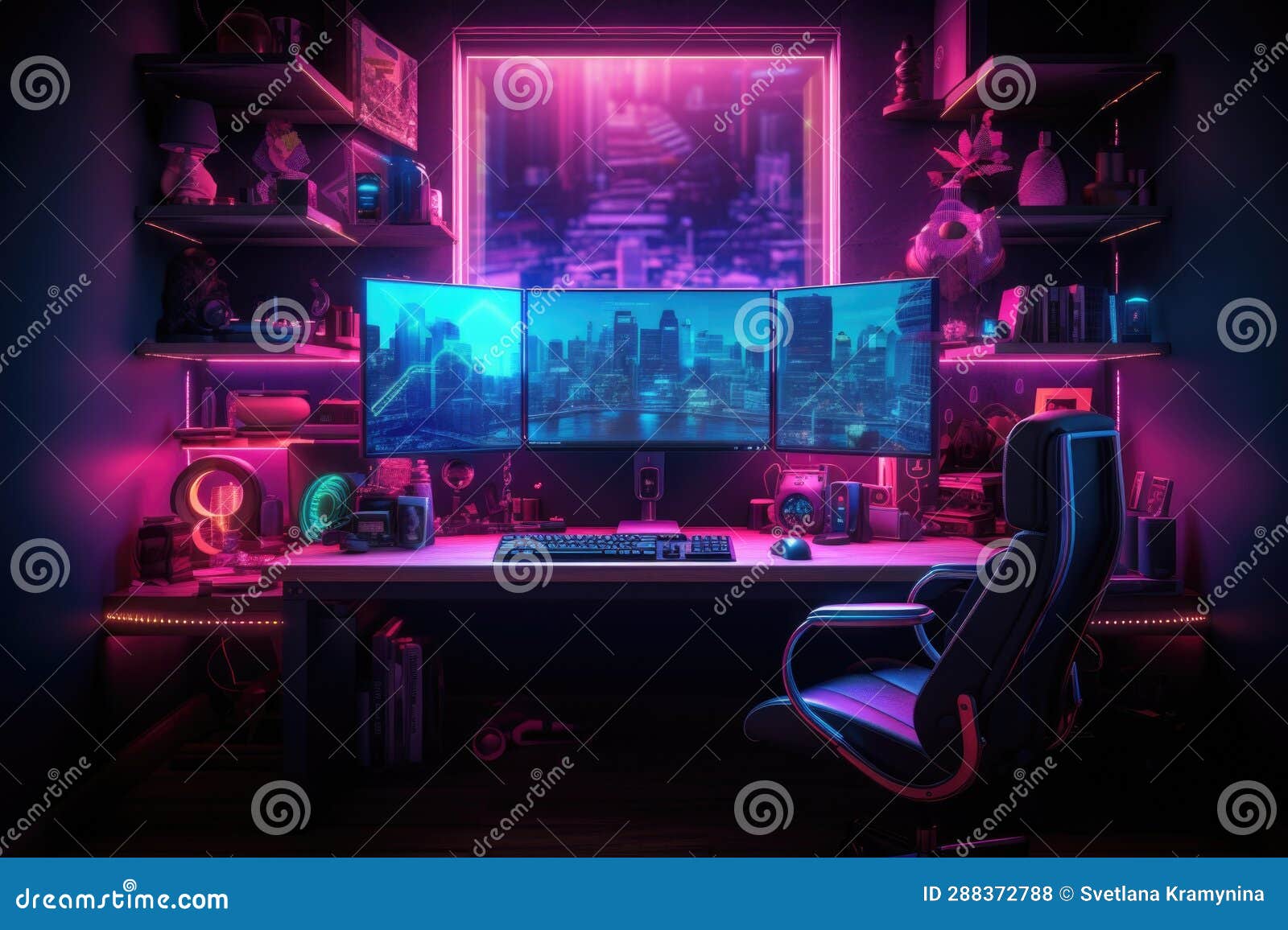 Gamer Workplace Neon Background Stock Image | CartoonDealer.com #288372775