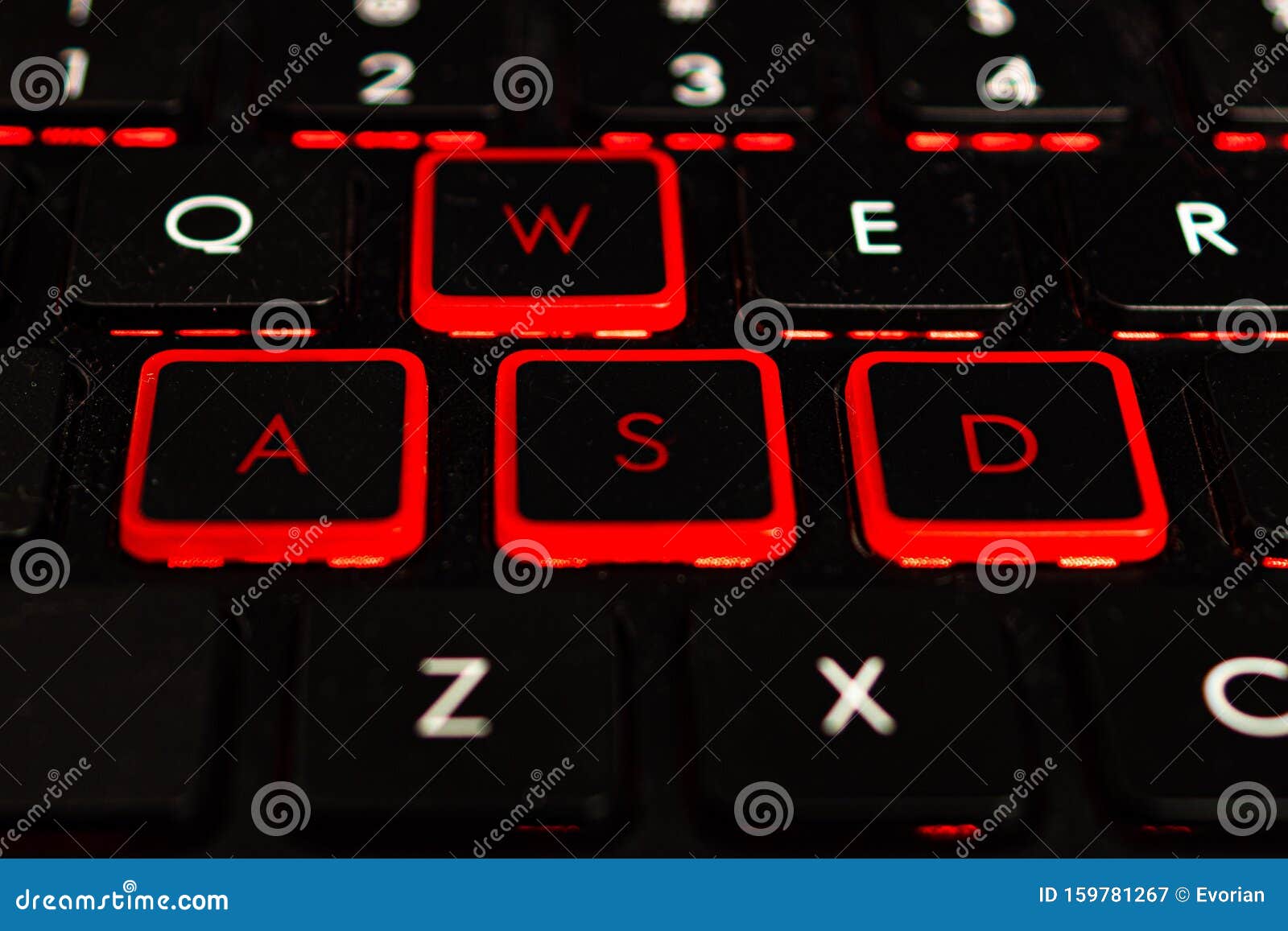 Gamers Basic Keys, Backlit with Sharp Red Color. Stock Image - Image of ...