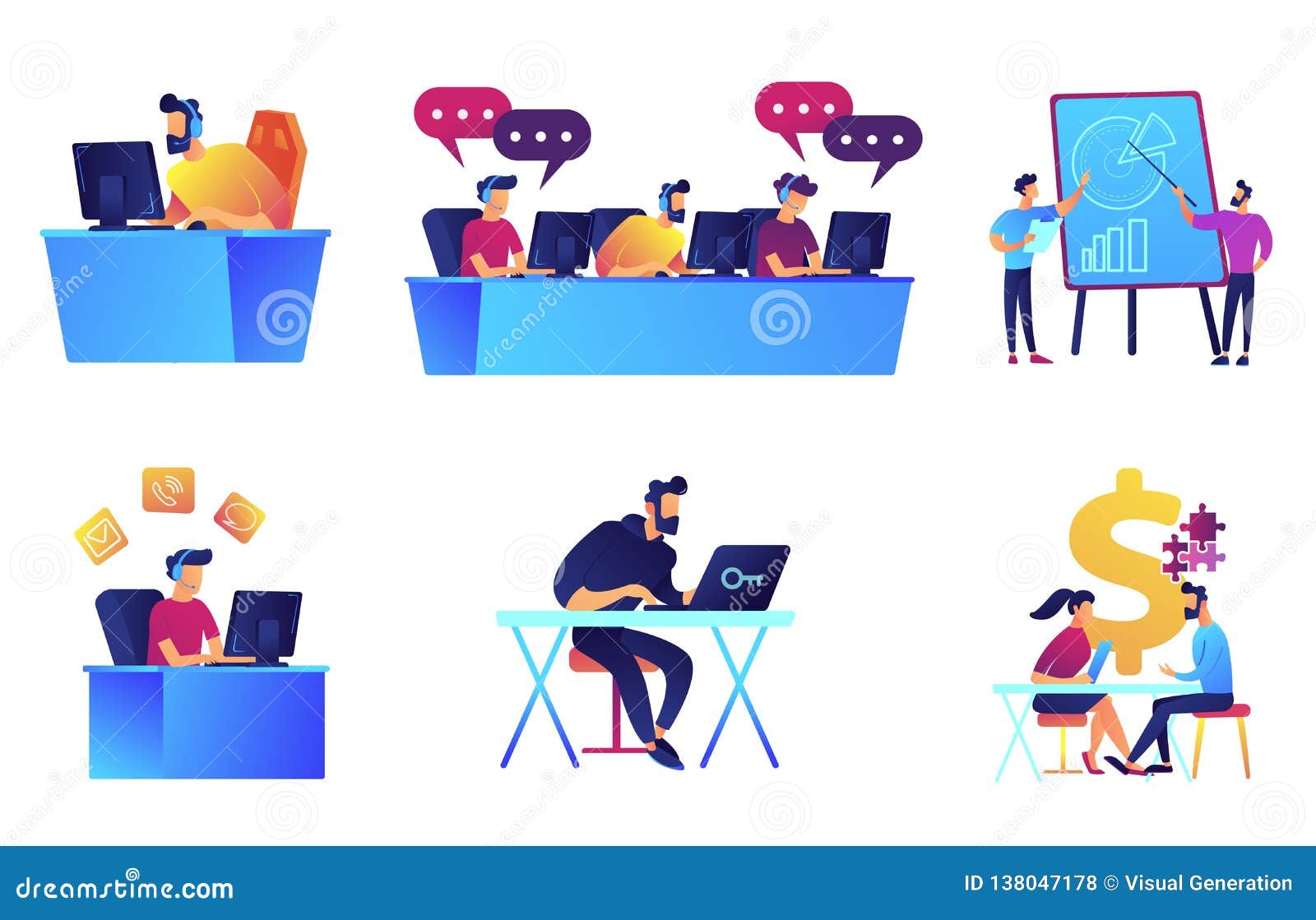 Gamers Playing Video Game and Developers Vector Illustrations Set ...