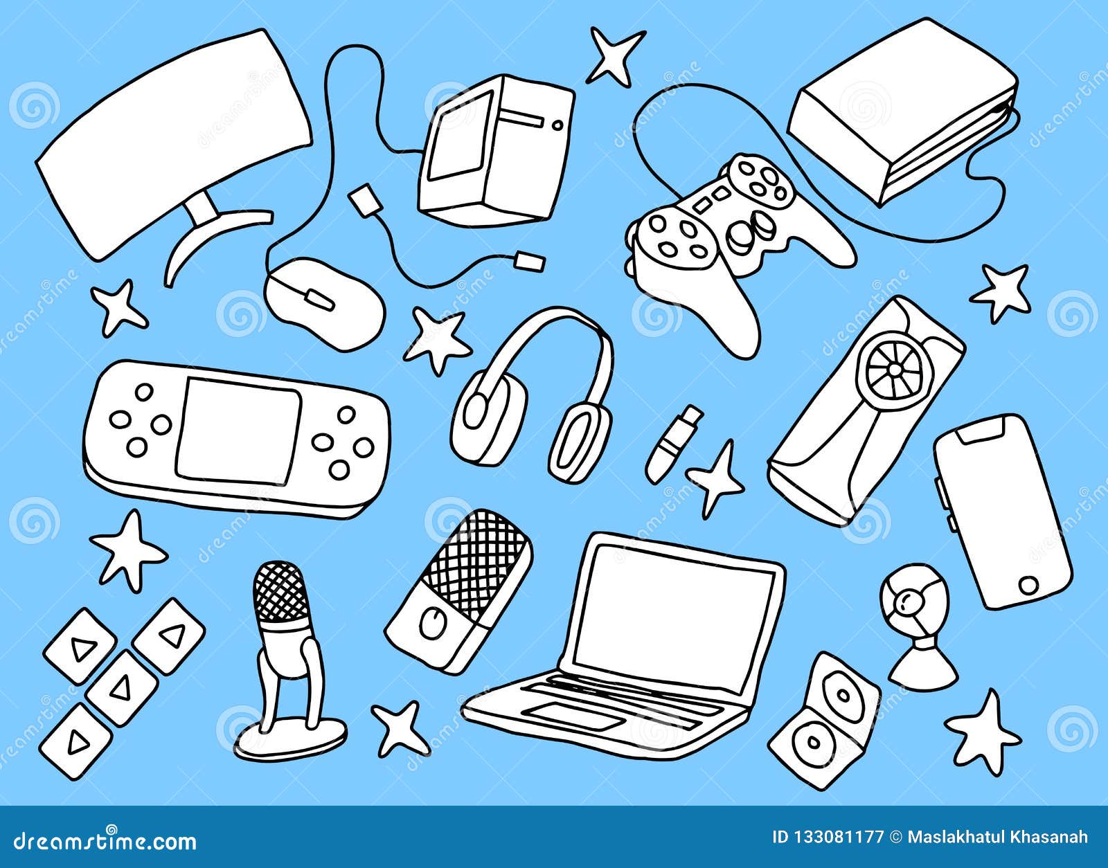 Games Doodle Art with Blue Background and Hand Sketch Style Stock ...