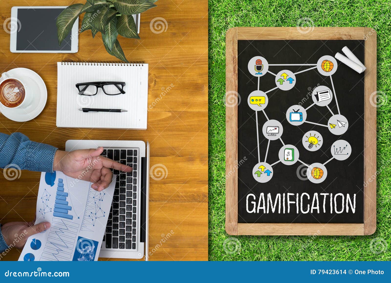 GAMIFICATION Businessman Working at Office Desk and Using Computer and ...