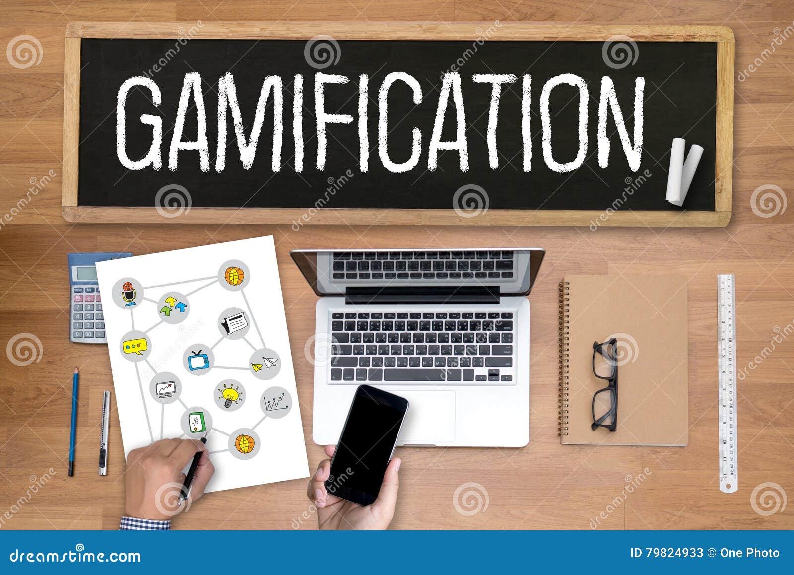 GAMIFICATION Businessman Working at Office Desk and Using Computer and ...