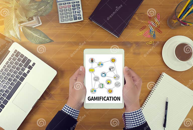 GAMIFICATION Businessman Working at Office Desk and Using Computer and ...