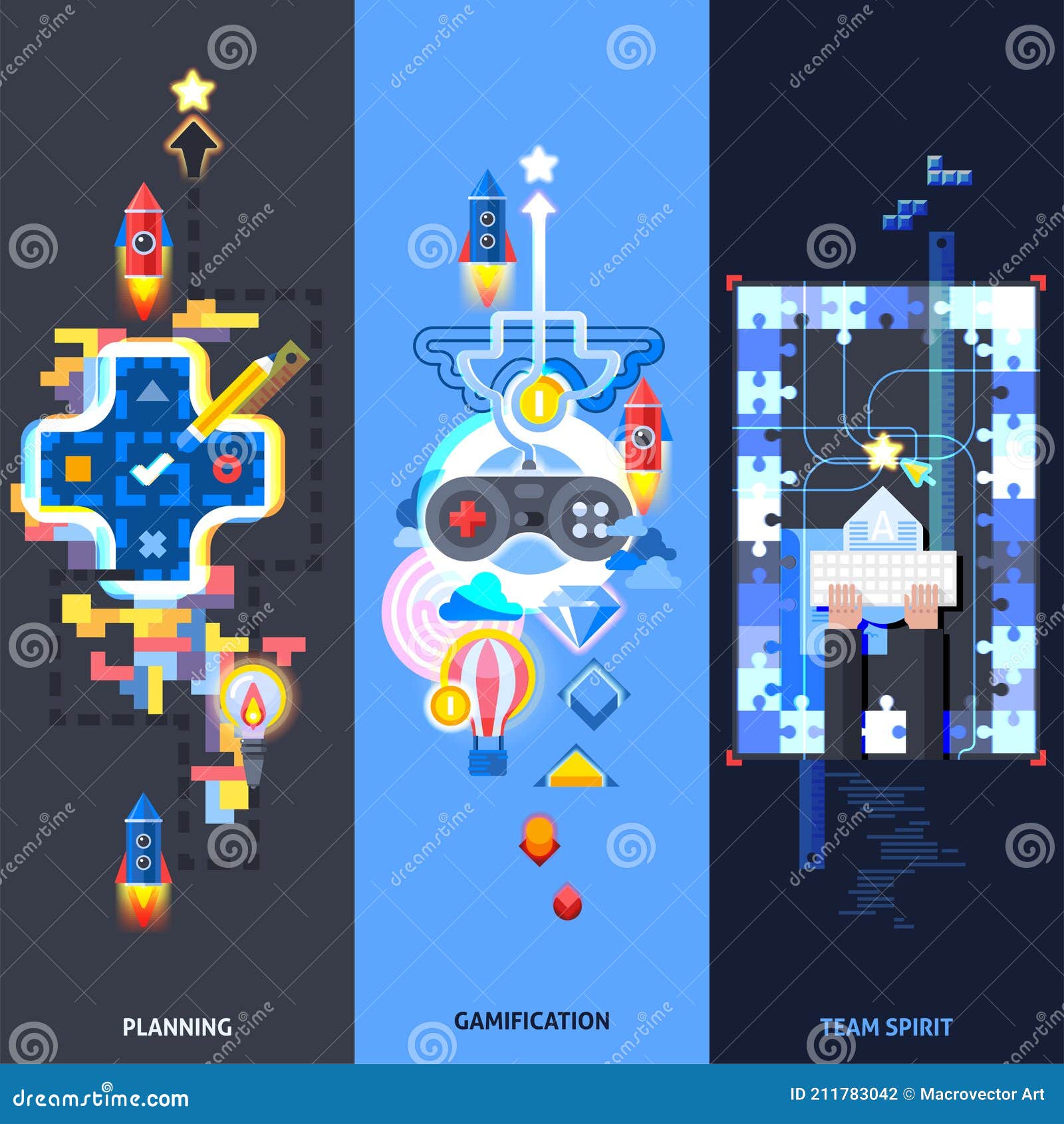 Gamification Elements Flat Banners Set Stock Vector - Illustration of ...