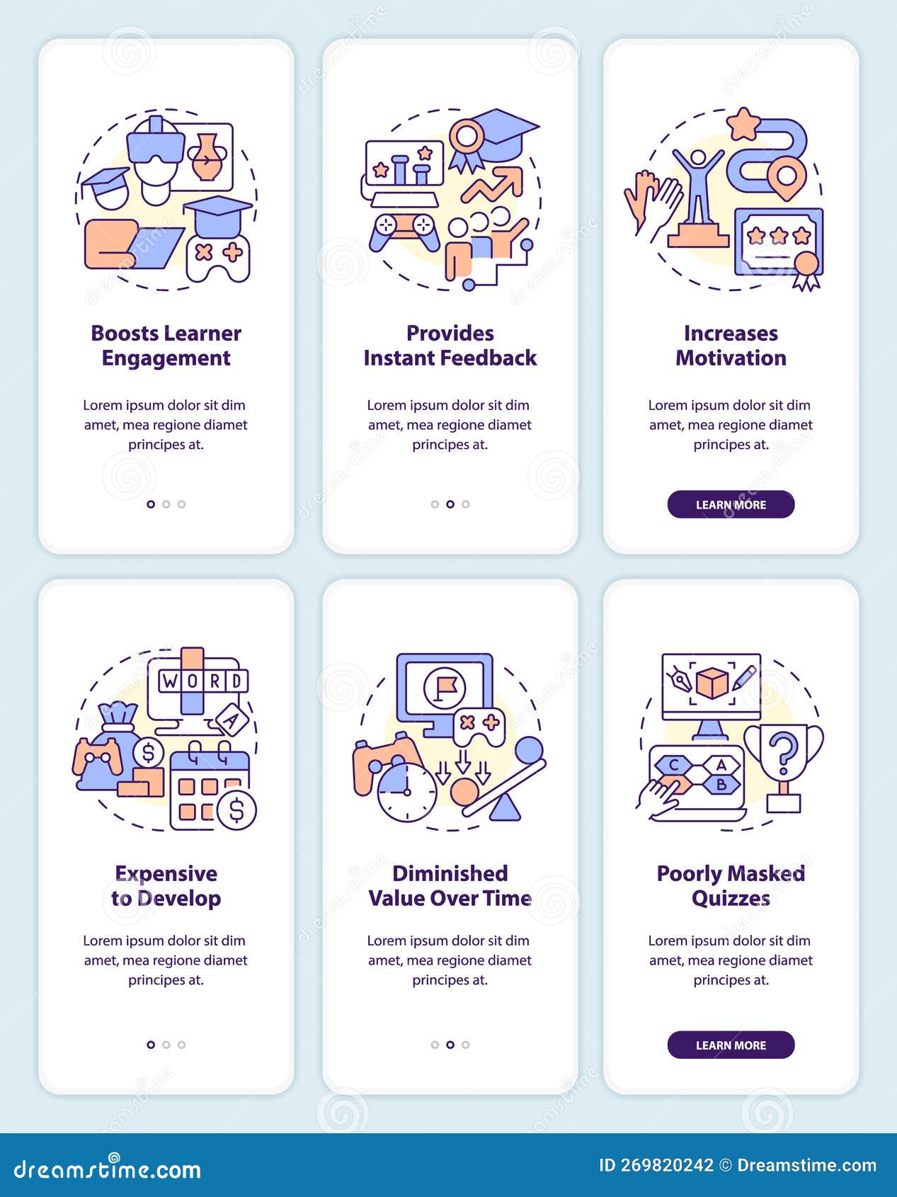 Gamification Pros and Cons Onboarding Mobile App Screens Set Stock ...
