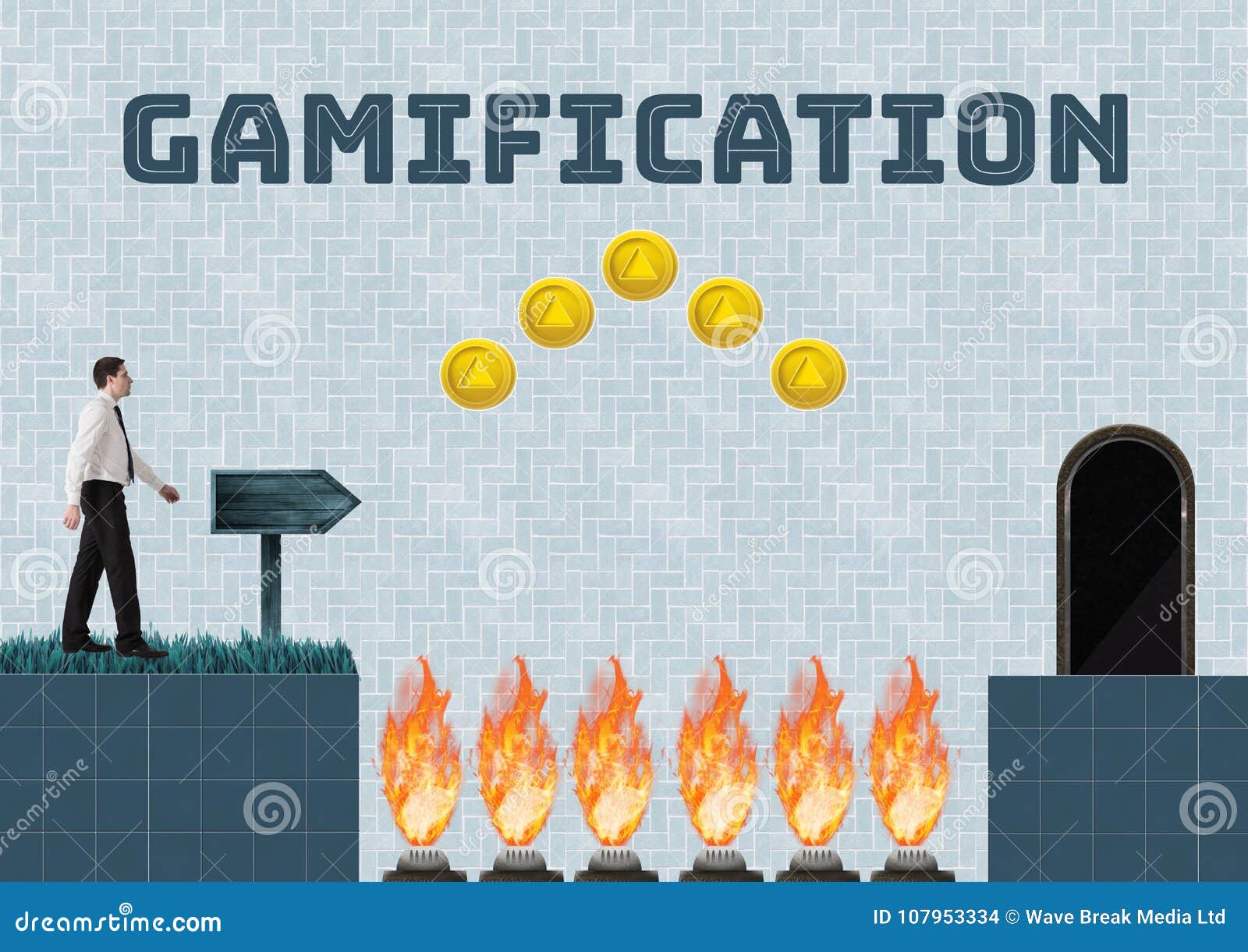 Gamification Text and Businessman in Computer Game Level with Coins and ...
