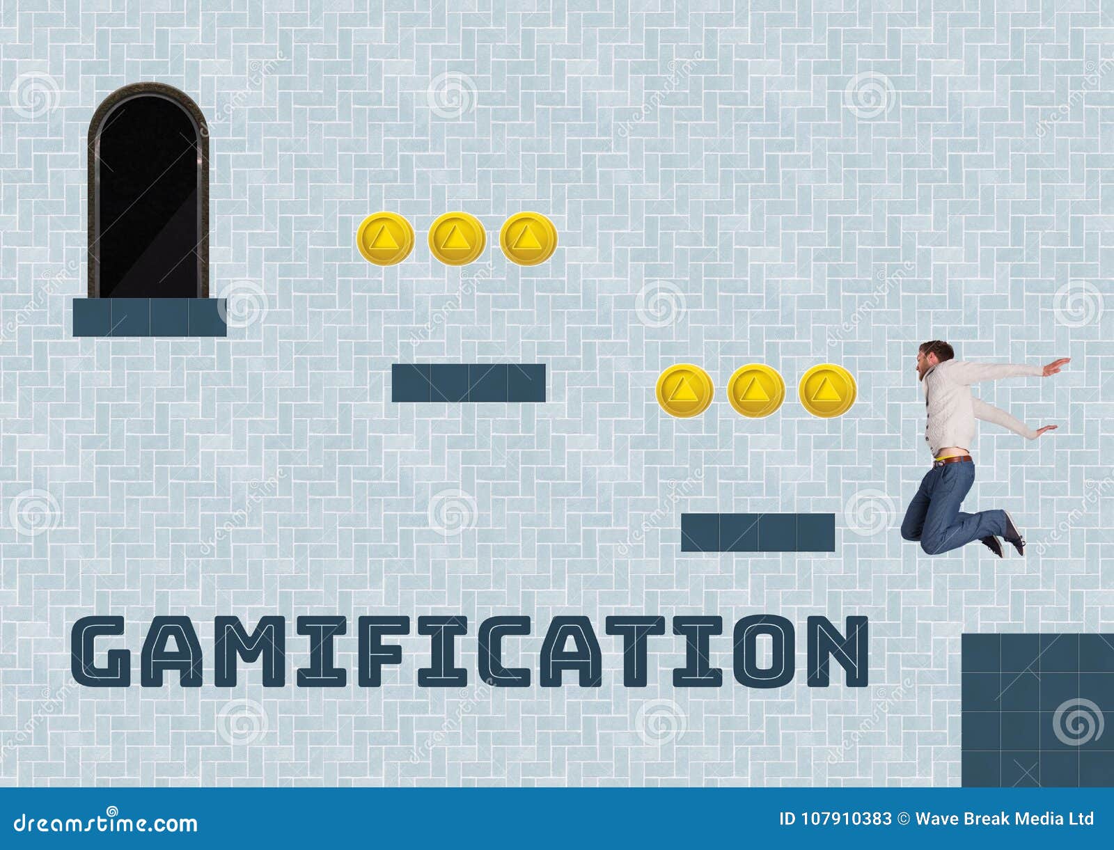Gamification Text and Man in Computer Game Level with Coins Stock ...