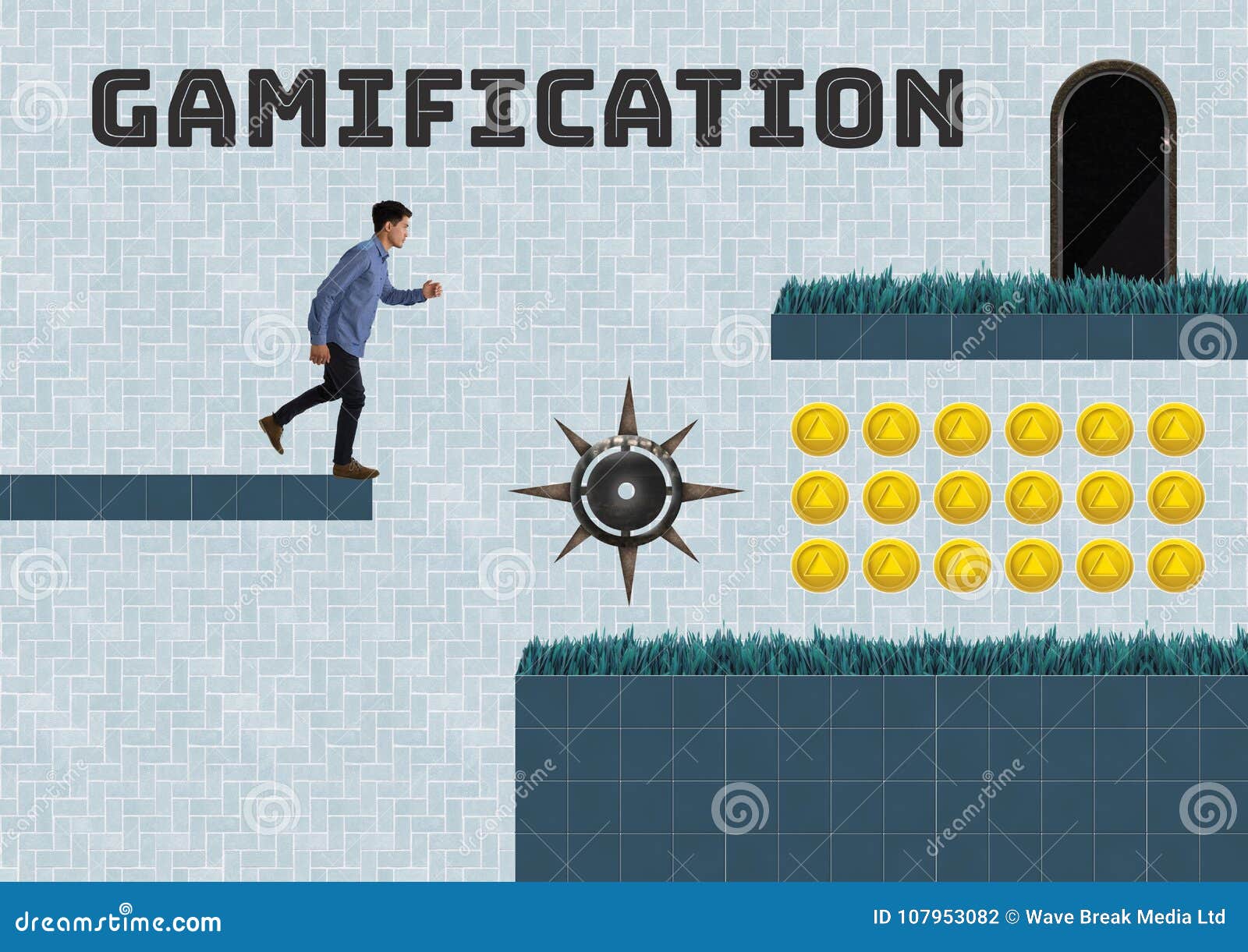 Gamification Text and Man in Computer Game Level with Coins and Trap ...