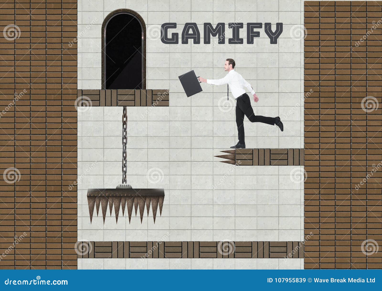 Gamify Text and Businessman in Computer Game Level with Coins and Traps ...