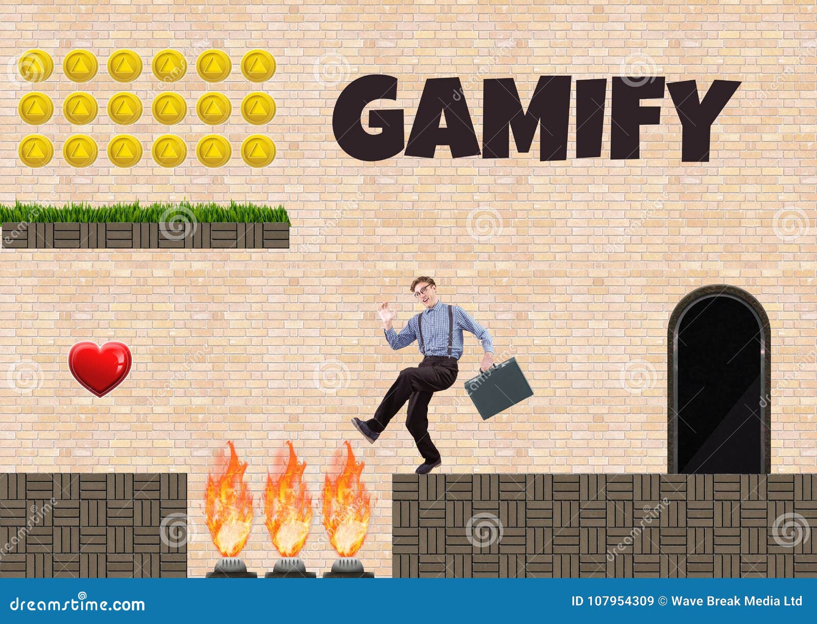 Gamify Text and Man in Computer Game Level with Coins Heart and Traps ...