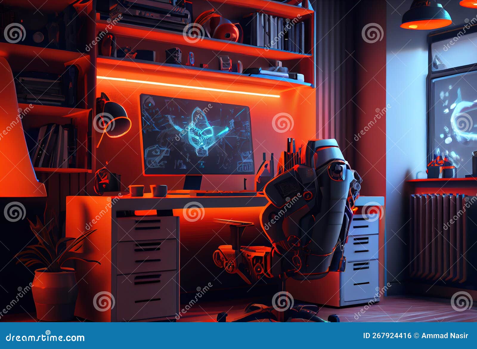 Pc Gamer Room with Gaming Chair and Wide Led on Study Table, Generative ...