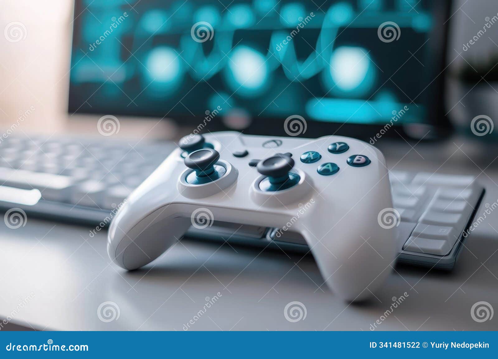 A Gaming Controller on a Desk beside a Computer Keyboard in a Modern ...