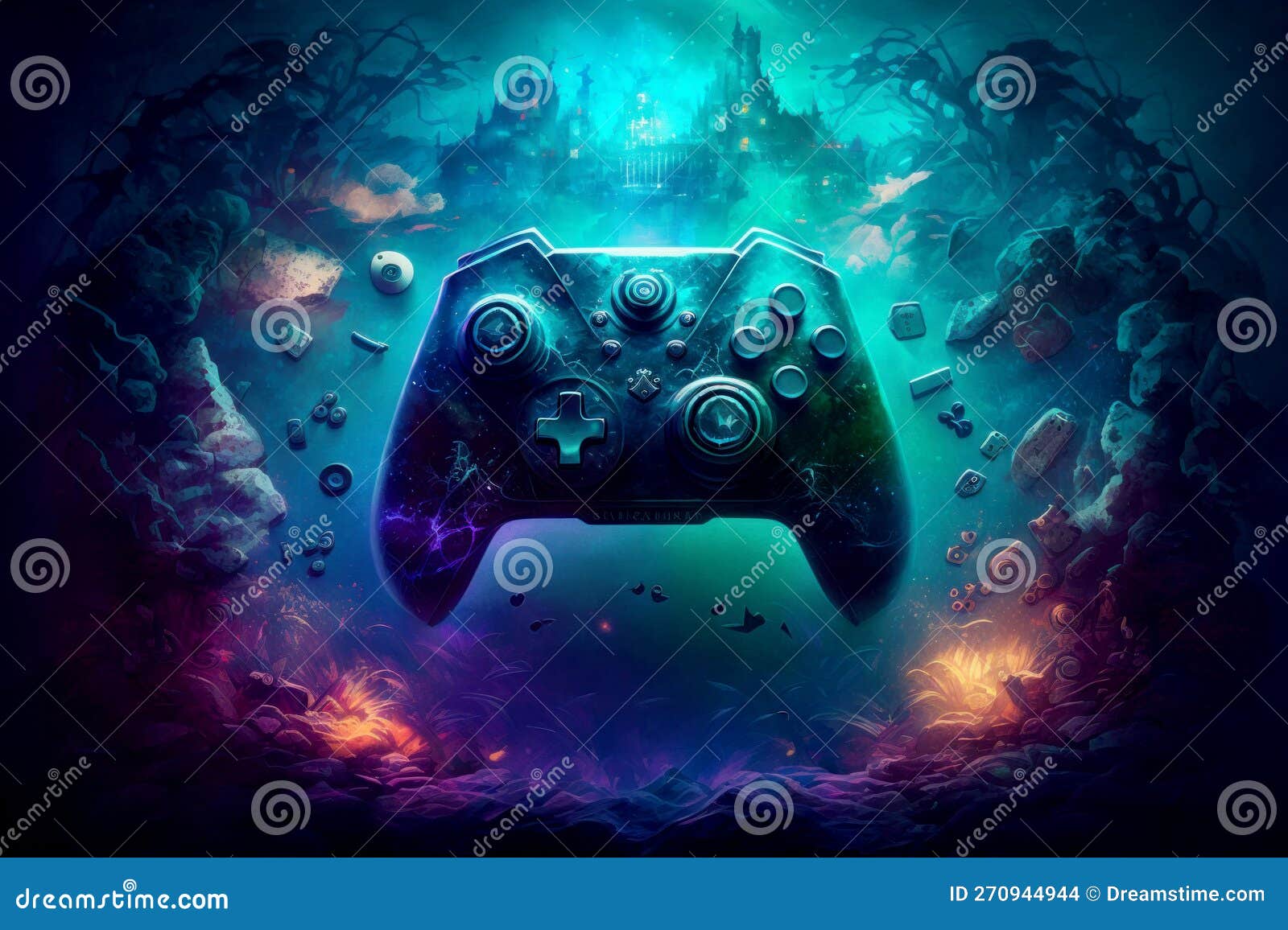 Gaming Controller Surrounded by a Fantasy Game Environment. Generative ...