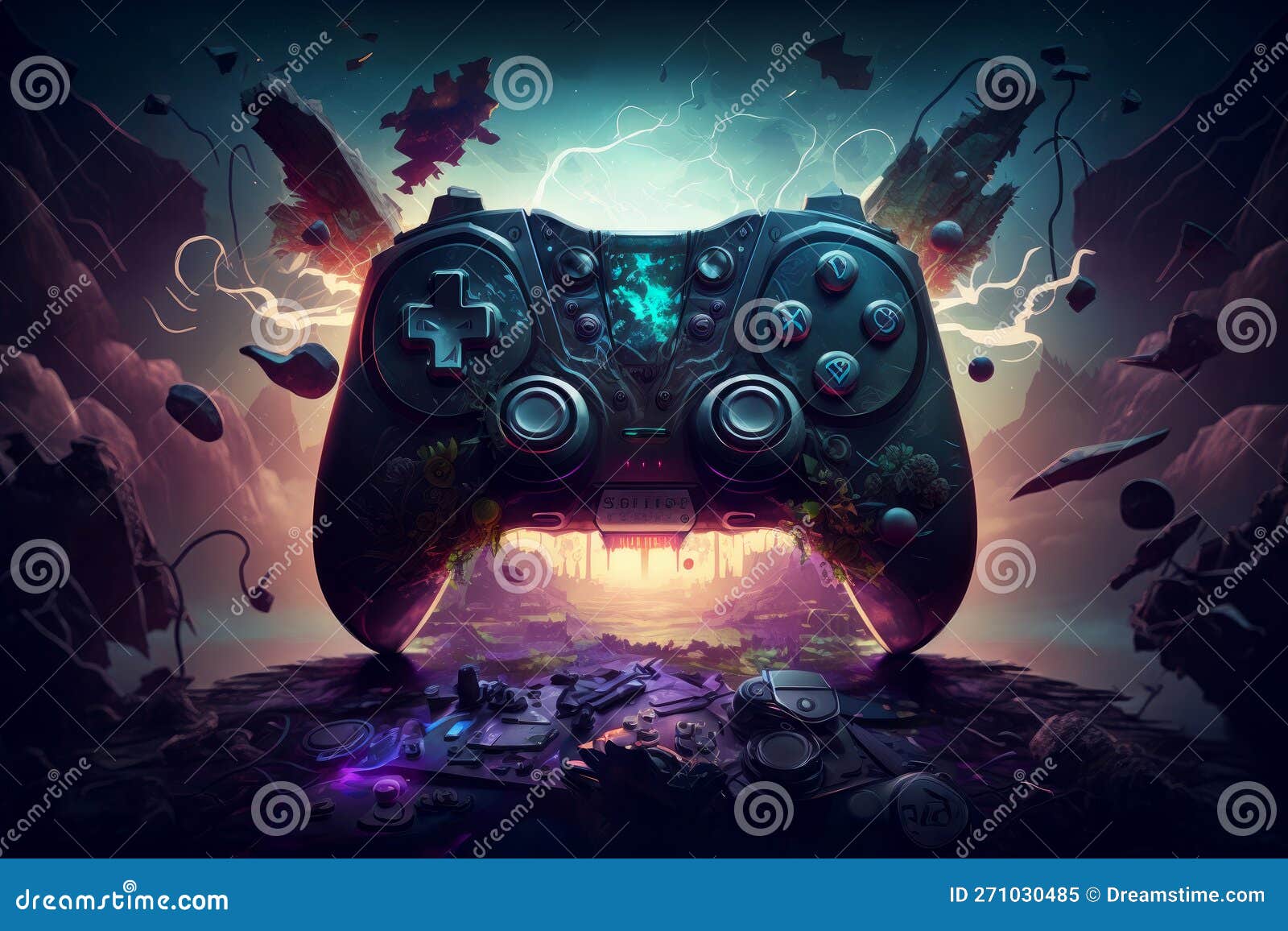 Gaming Controller Surrounded by a Fantasy Game Environment. Generative ...