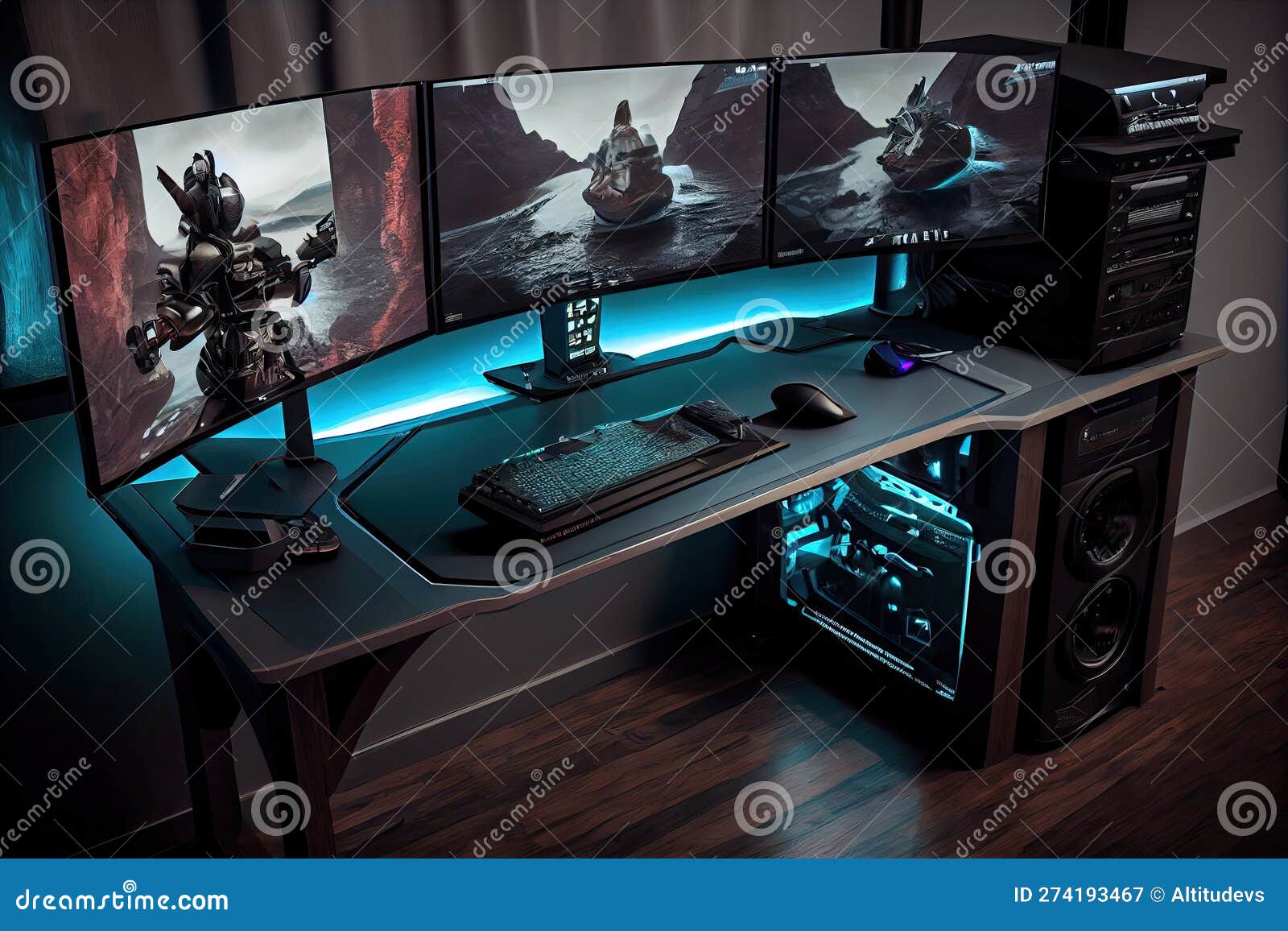 A Gaming Desk with Multiple Monitors and Sleek, Modern Design Stock ...