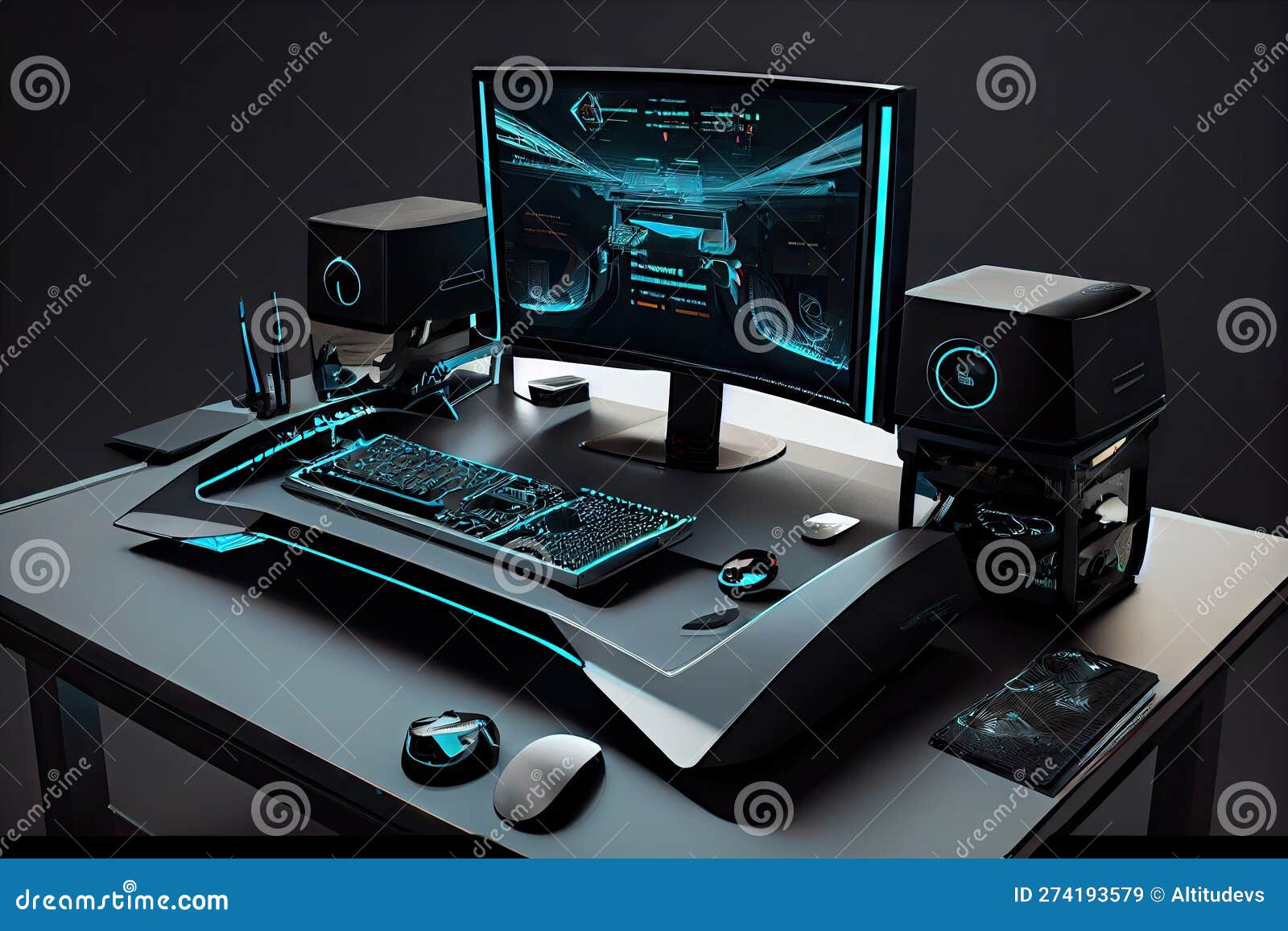 Gaming Desk with Sleek, High-tech Computer and Accessories in ...