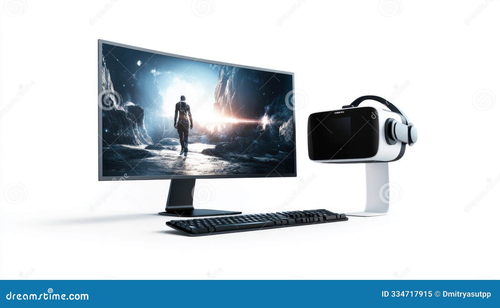 Gaming Desktop Setup with Vr Headset and Immersive Space Adventure on ...
