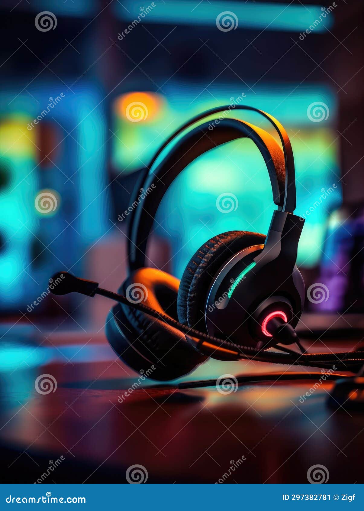 Gaming Headset on a Desk in a Dark Room Stock Illustration ...