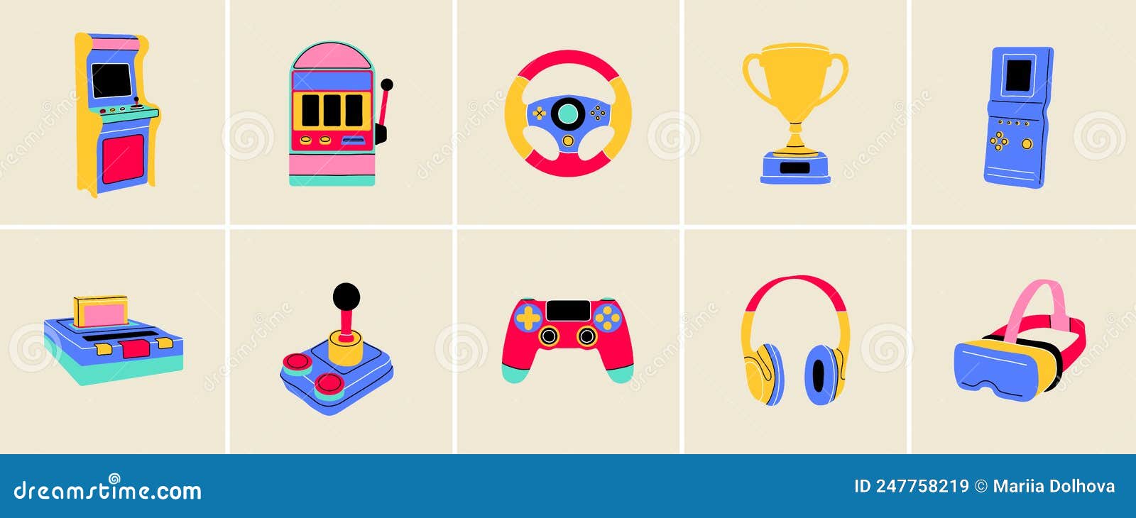 Gaming Modern and Retro Elements in Flat Line Style. Hand Drawn Vector ...