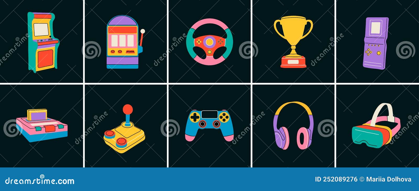 Gaming Modern and Retro Elements in Flat Line Style. Hand Drawn Vector ...