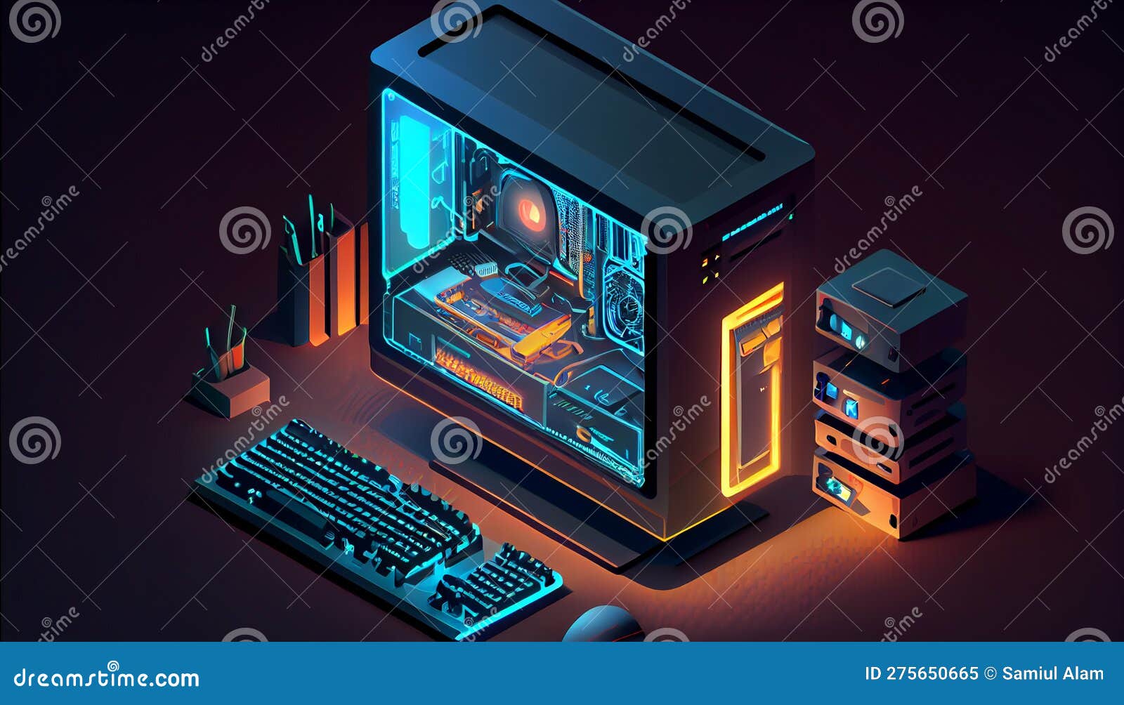 Gaming PC Computer Glowing in Dark Stock Illustration - Illustration of ...