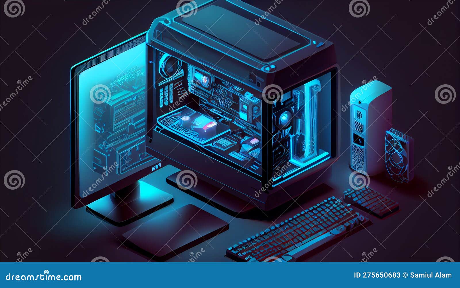 Gaming PC Computer Glowing in Dark Stock Illustration - Illustration of ...