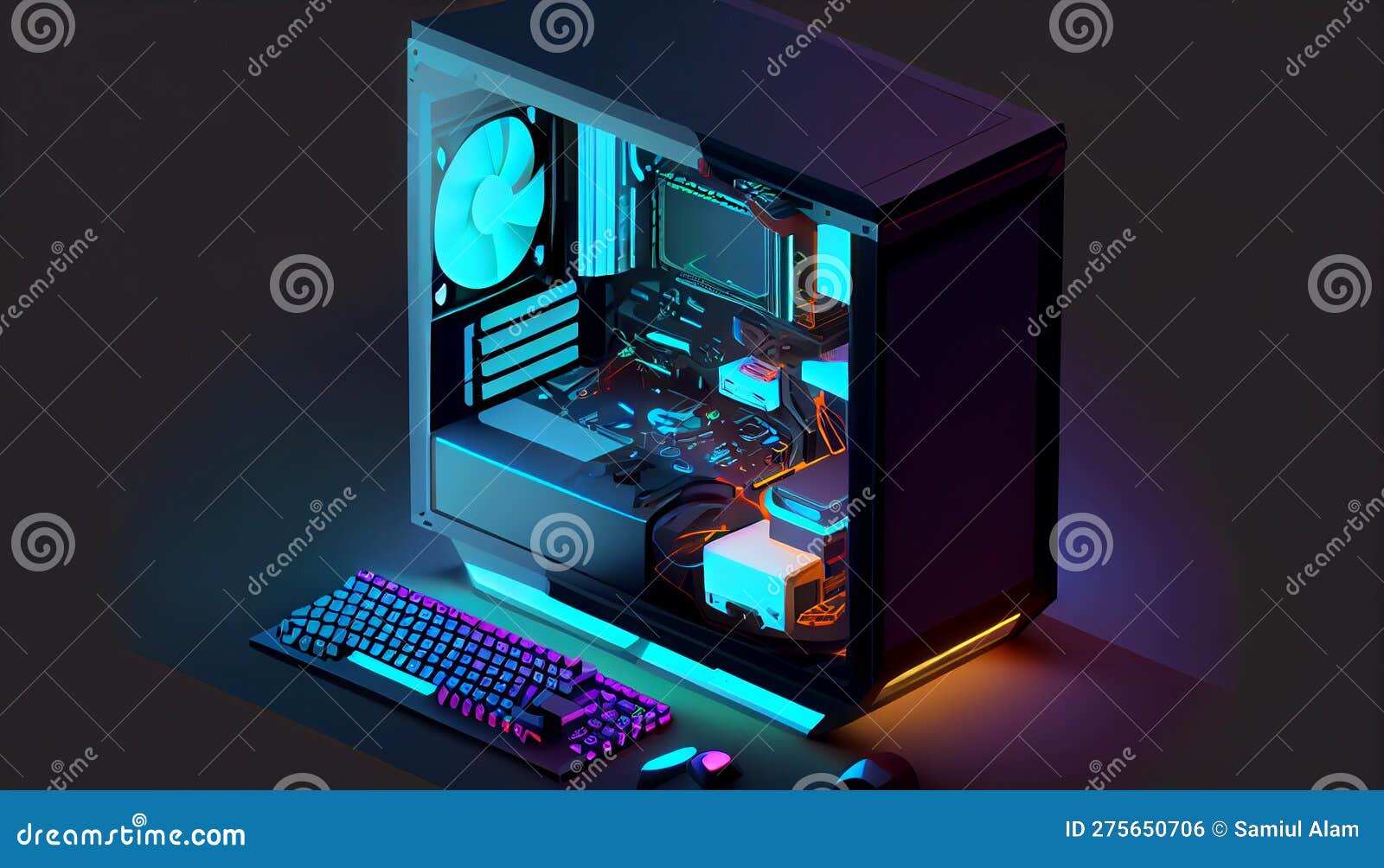 Gaming PC Computer Glowing in Dark Stock Illustration - Illustration of ...