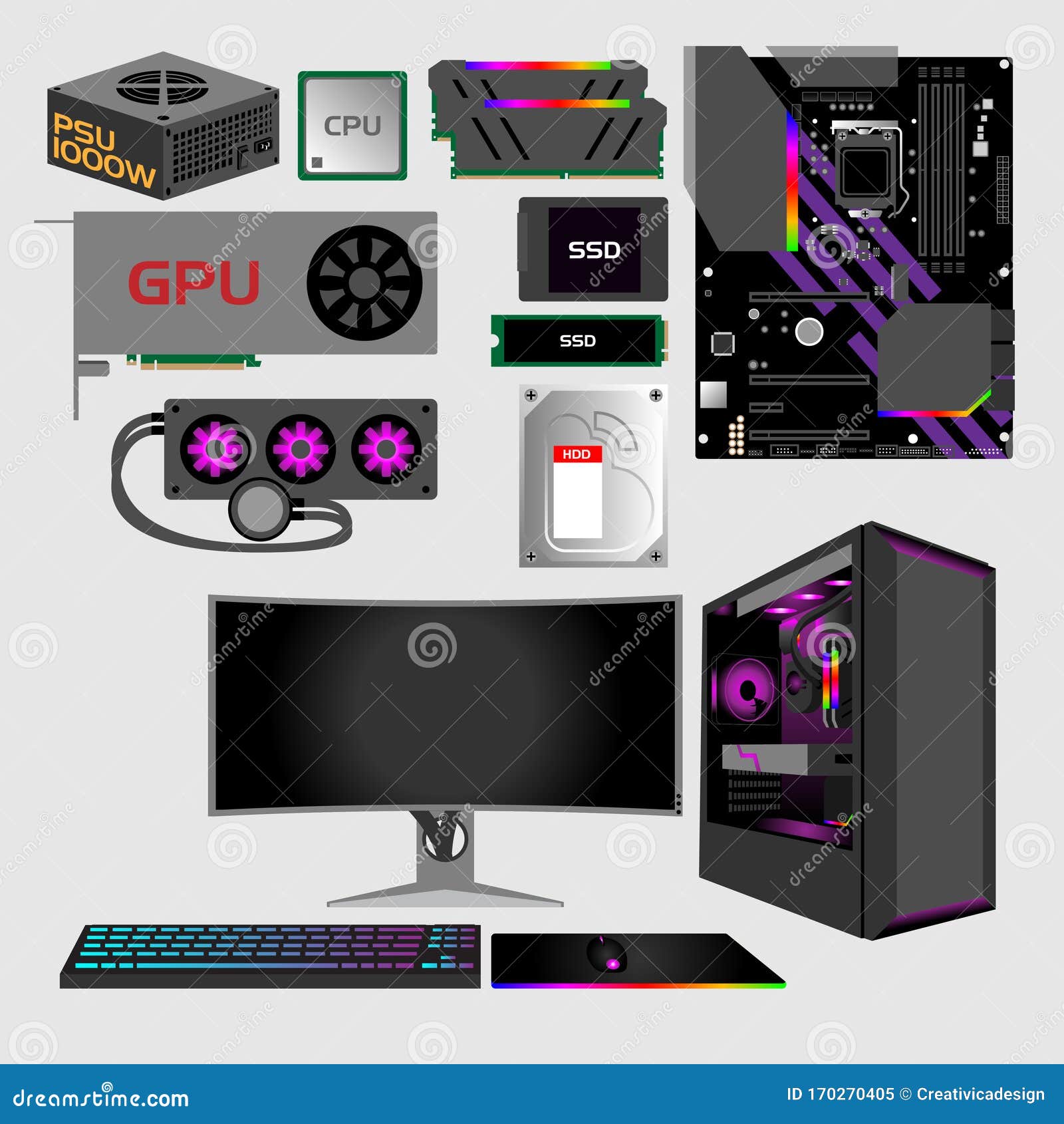 Gaming PC Vector Illustration Set Stock Vector - Illustration of ...