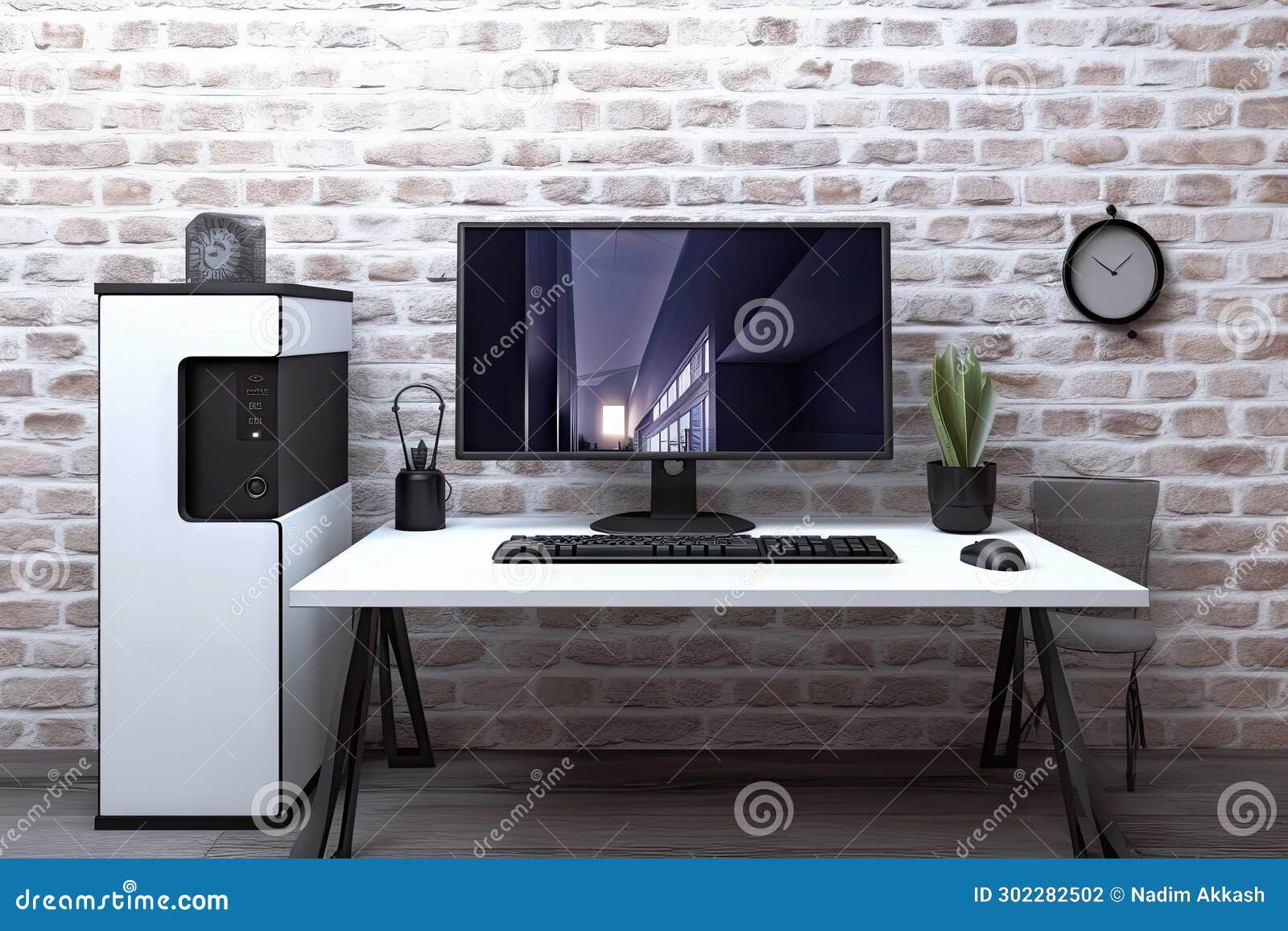 Gaming PC White Desk Screen Mockup Brick Wall Background Stock ...