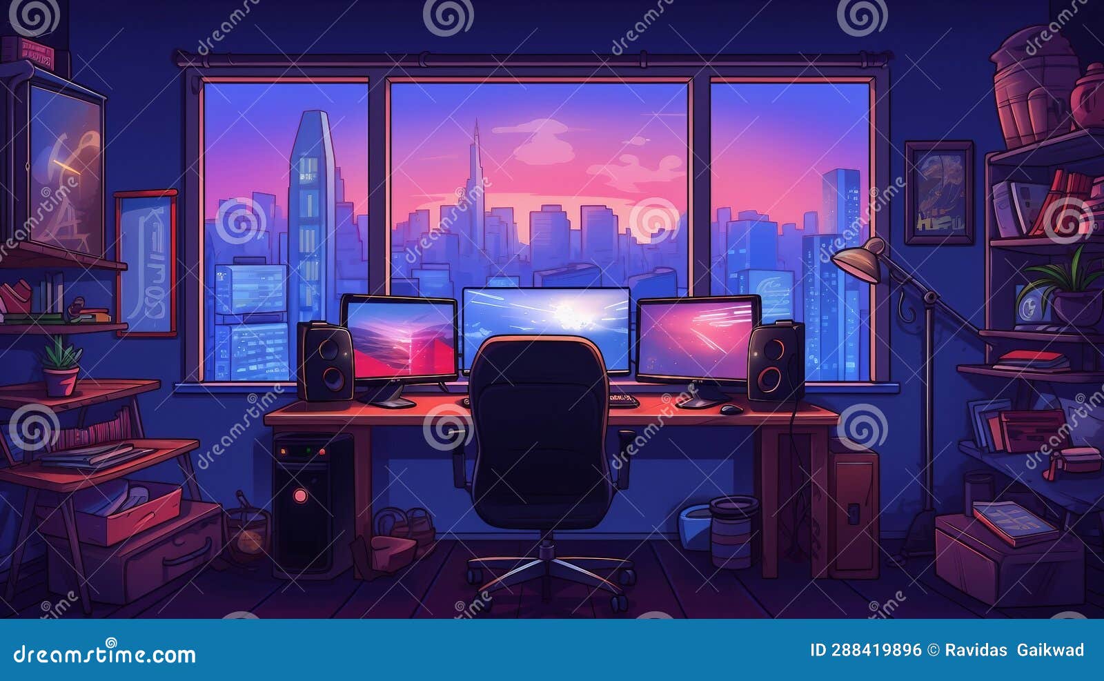 Gaming Room with Large Windows and City View Illustration AI Generated ...