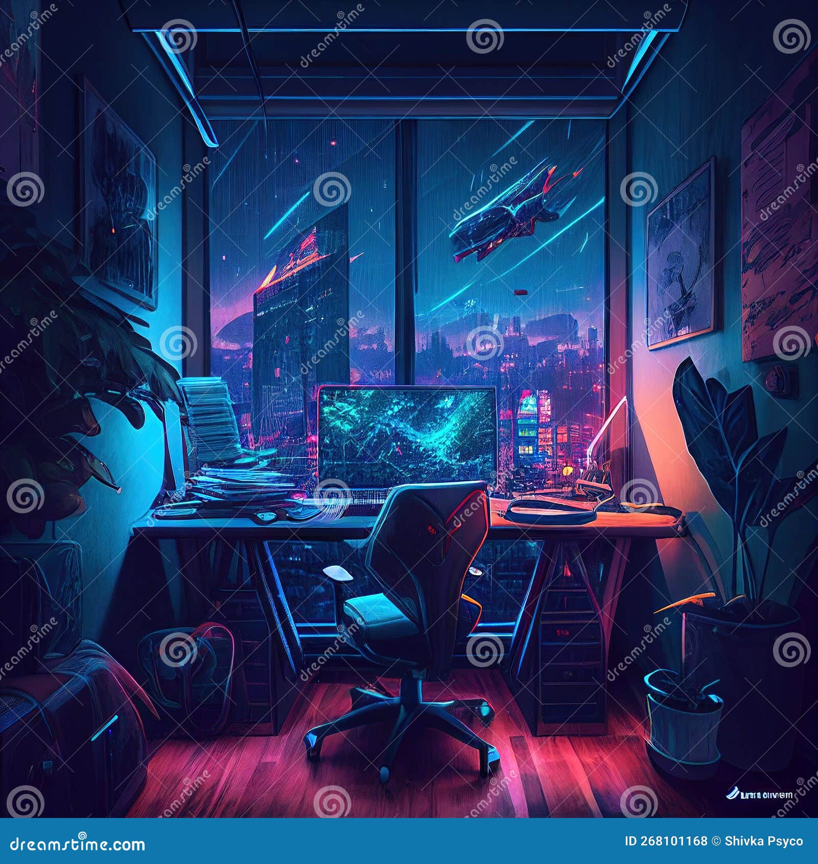 Gaming Room with Neon Light Generative AI Stock Illustration ...