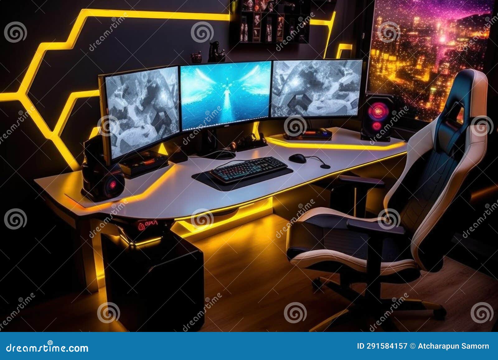 Gaming room with RGB light stock image. Image of play - 291584157