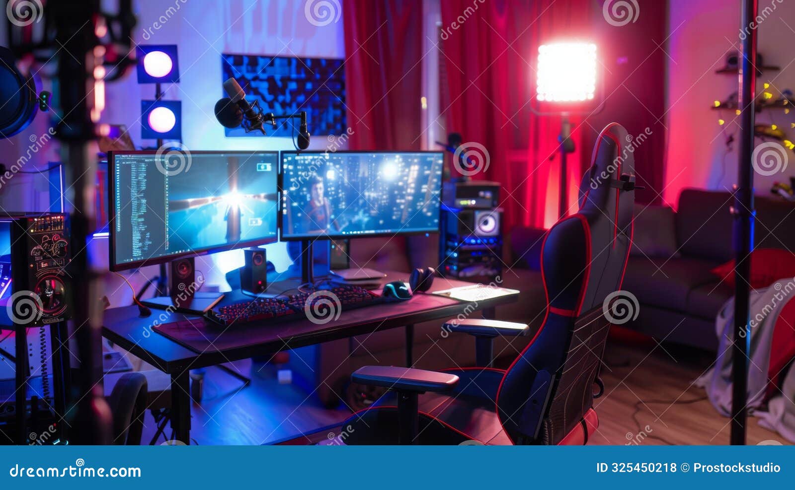 Gaming Setup with Monitors and Microphone Stock Photo - Image of blue ...
