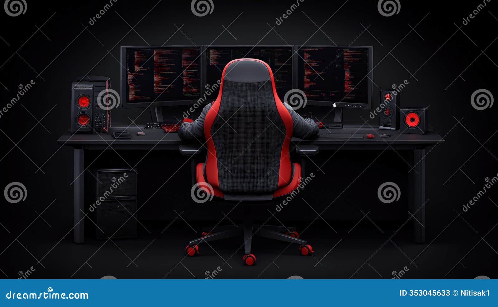Gaming Setup with Three Monitors Ergonomic Chair and Hightech Equipment ...