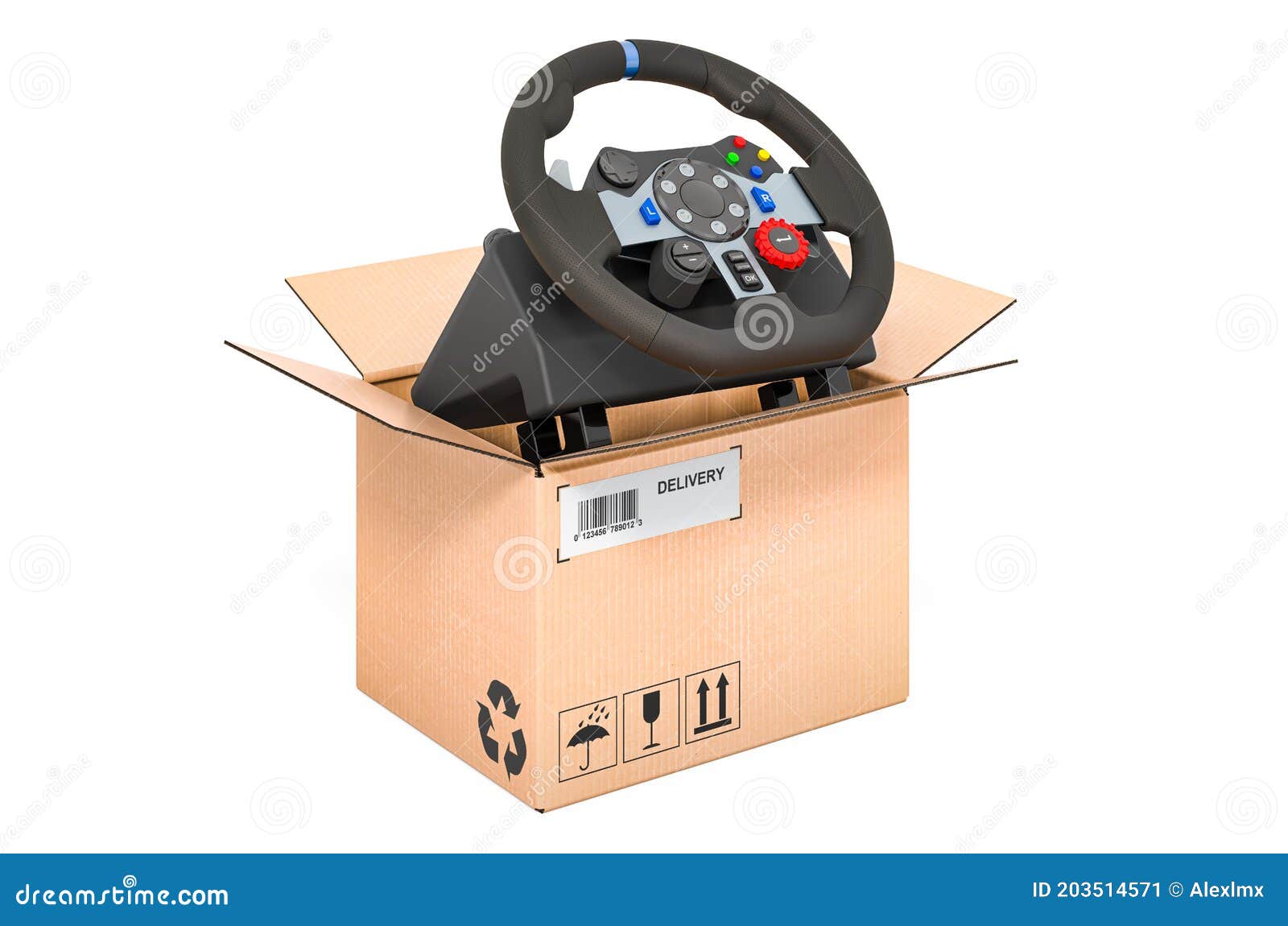 Gaming Steering Wheel Inside Cardboard Box, Delivery Concept. 3D ...