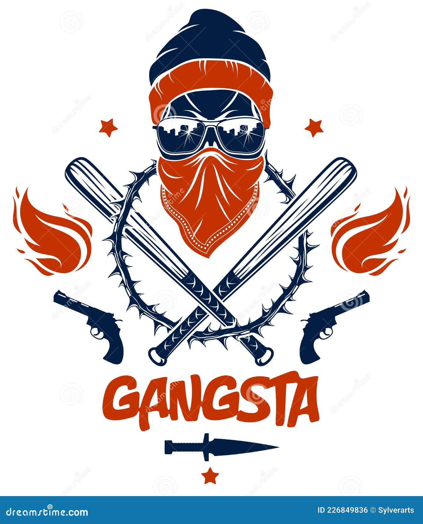 Gang Brutal Criminal Emblem Or Logo With Aggressive Skull Baseball Bats Design Elements Vector