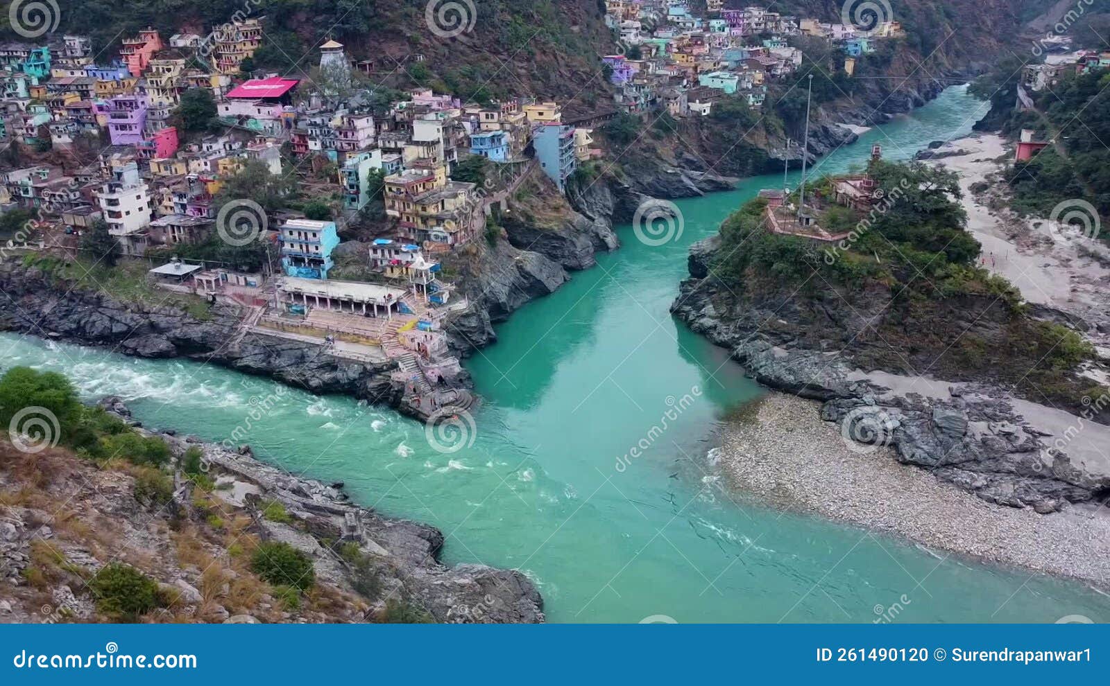 Devprayag river confluence stock footage. Video of confuence - 261490120