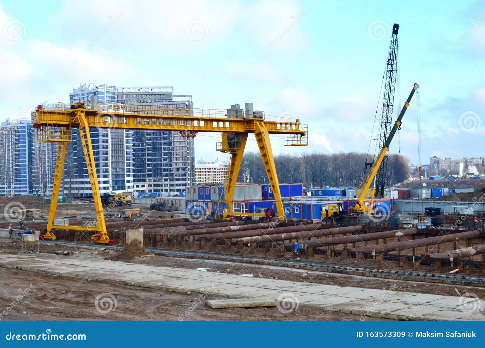 Gantry Crane and Auto Crane Working at Construction Site. Stock Image ...