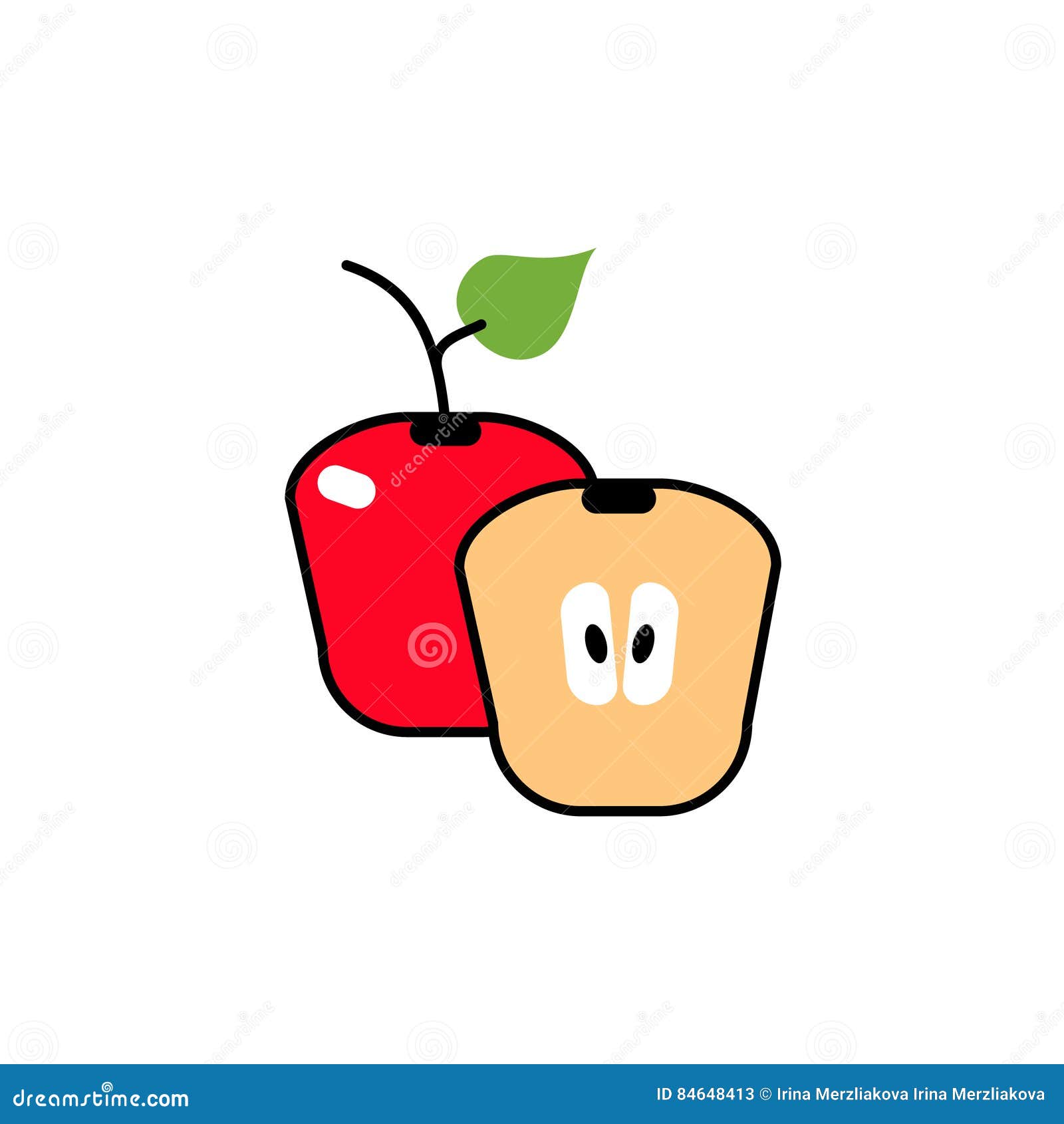 Ganzer Apfel Und Halber Apfel Vector Flache Linie Vektor Abbildung ...