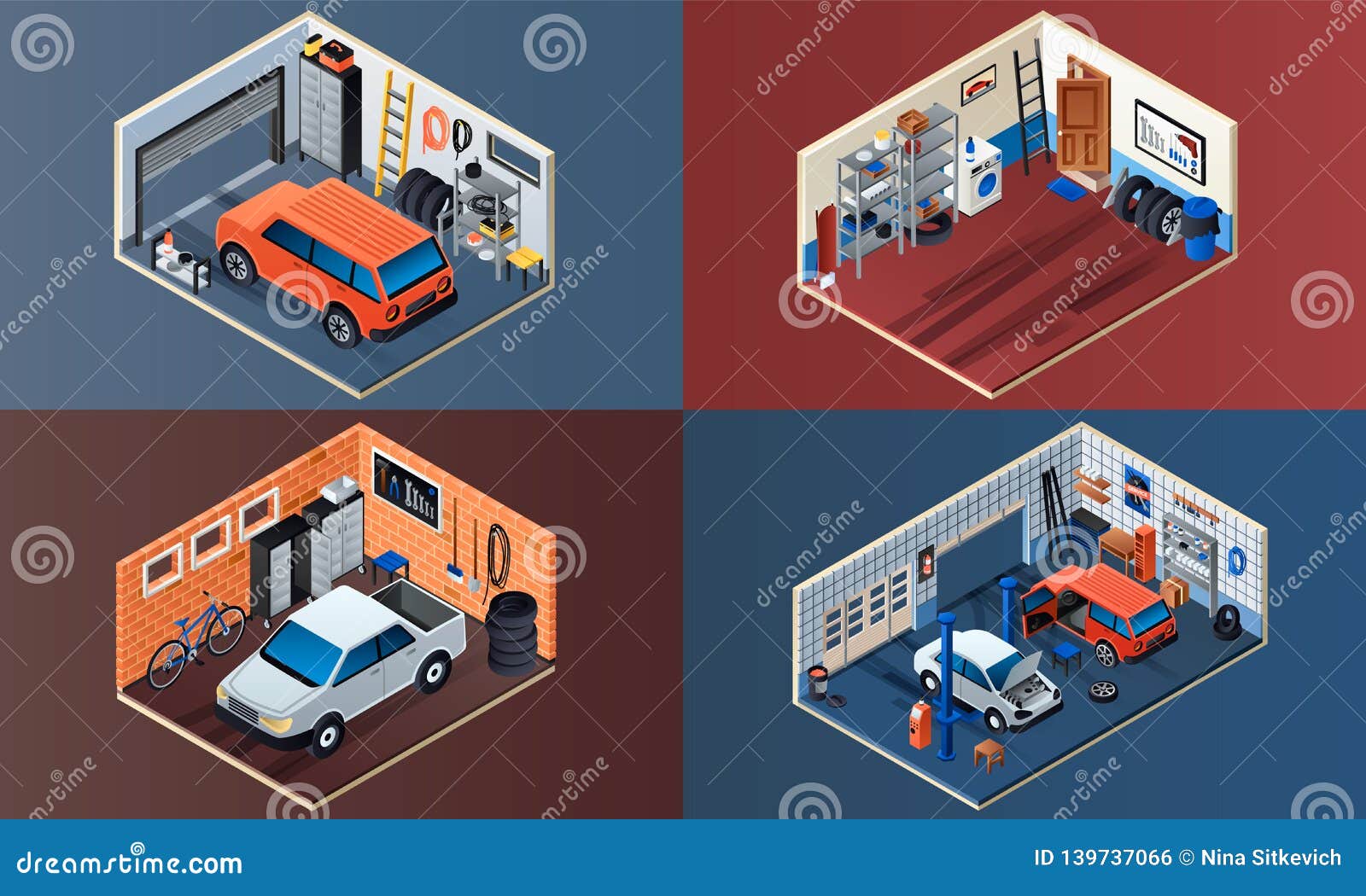 Garage Interior Banner Set, Isometric Style Stock Vector - Illustration ...