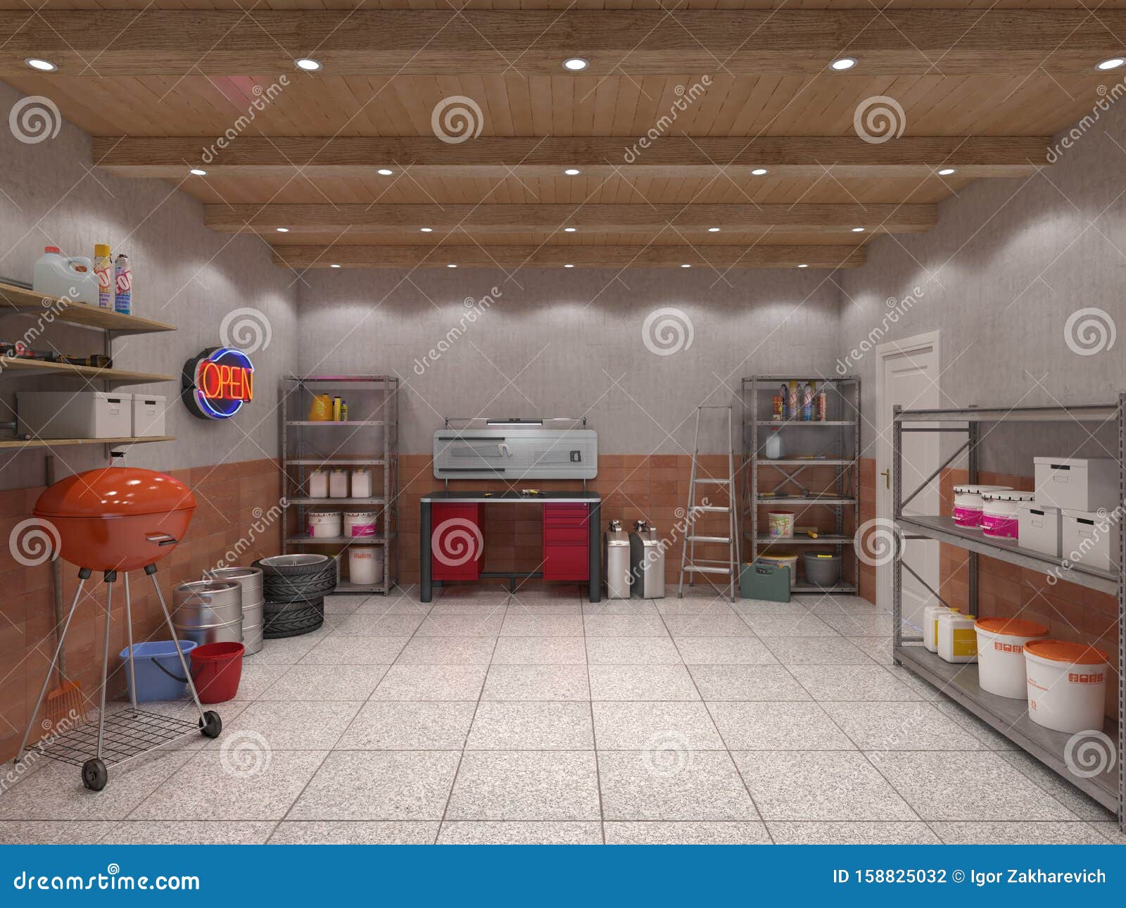 Garage Interior with Roller Door, Look from Inside Stock Illustration ...