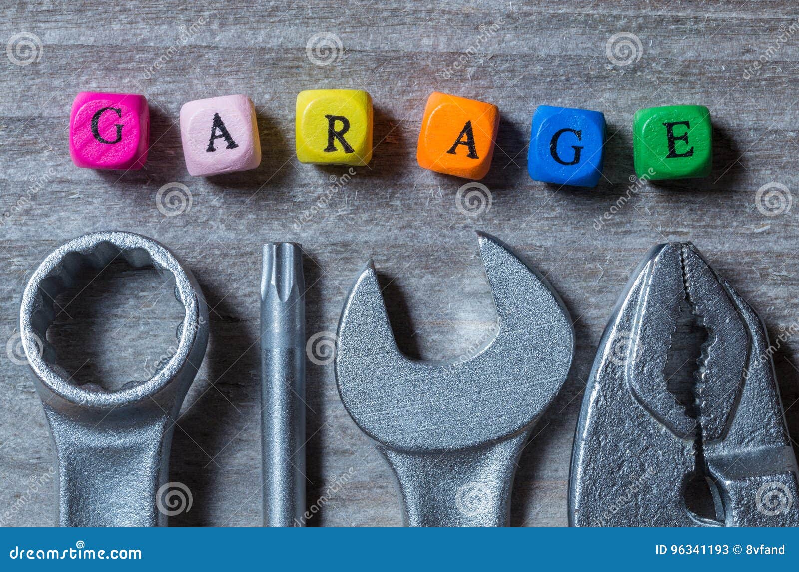 Garage Letter Cube and Tool on Gray Wood Visualization Stock Image ...