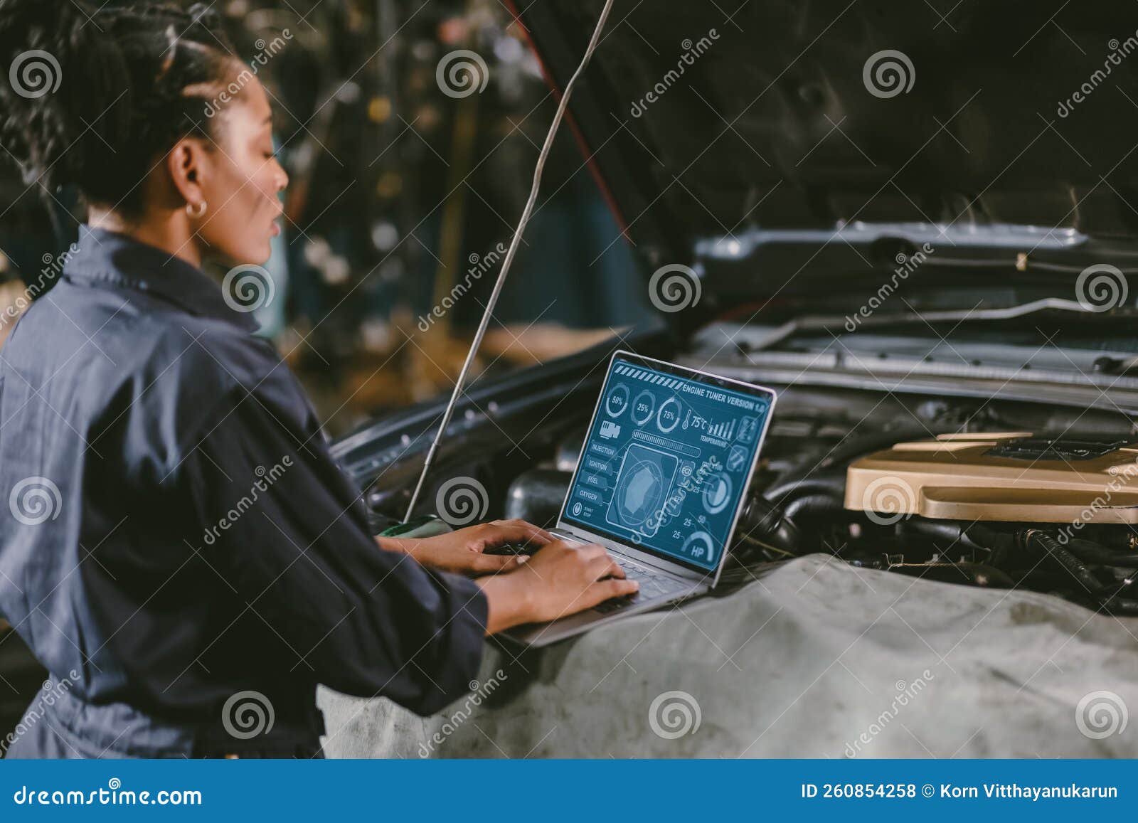 Garage Mechanic Car Engine Engineer Woman Staff Worker Using Laptop ...