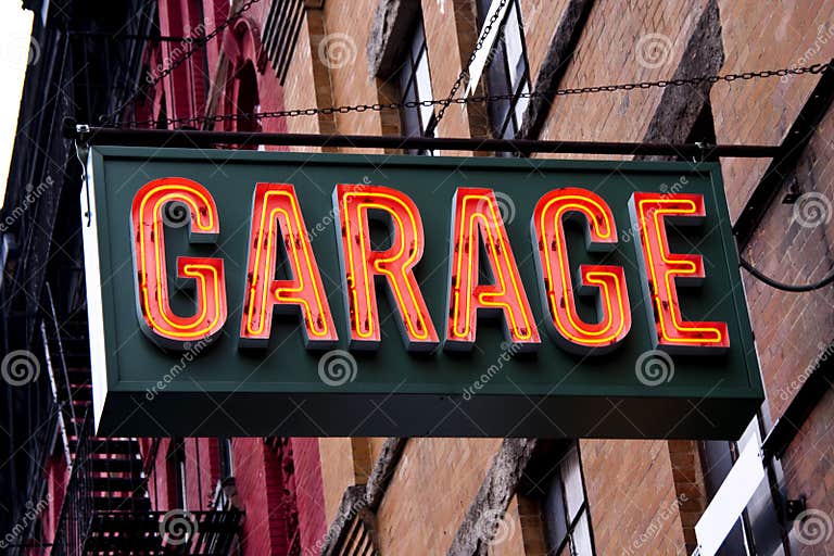 Garage Neon Sign stock photo. Image of buildings, street - 12377500