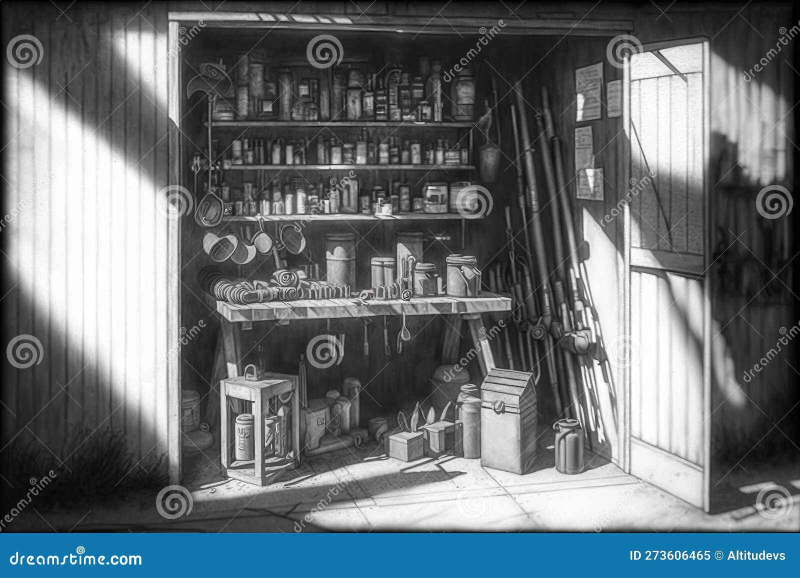 A Garage Pencil Sketch of Tools and Equipment, with Shadows and Light ...